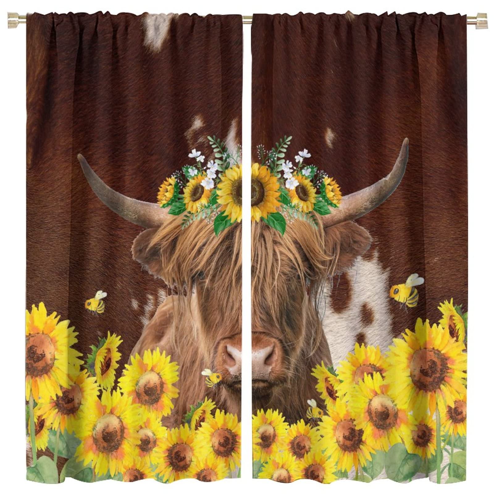 Amazon.com: GoDazzling Sunflower Highland Cow Blackout Windows Curtains ...