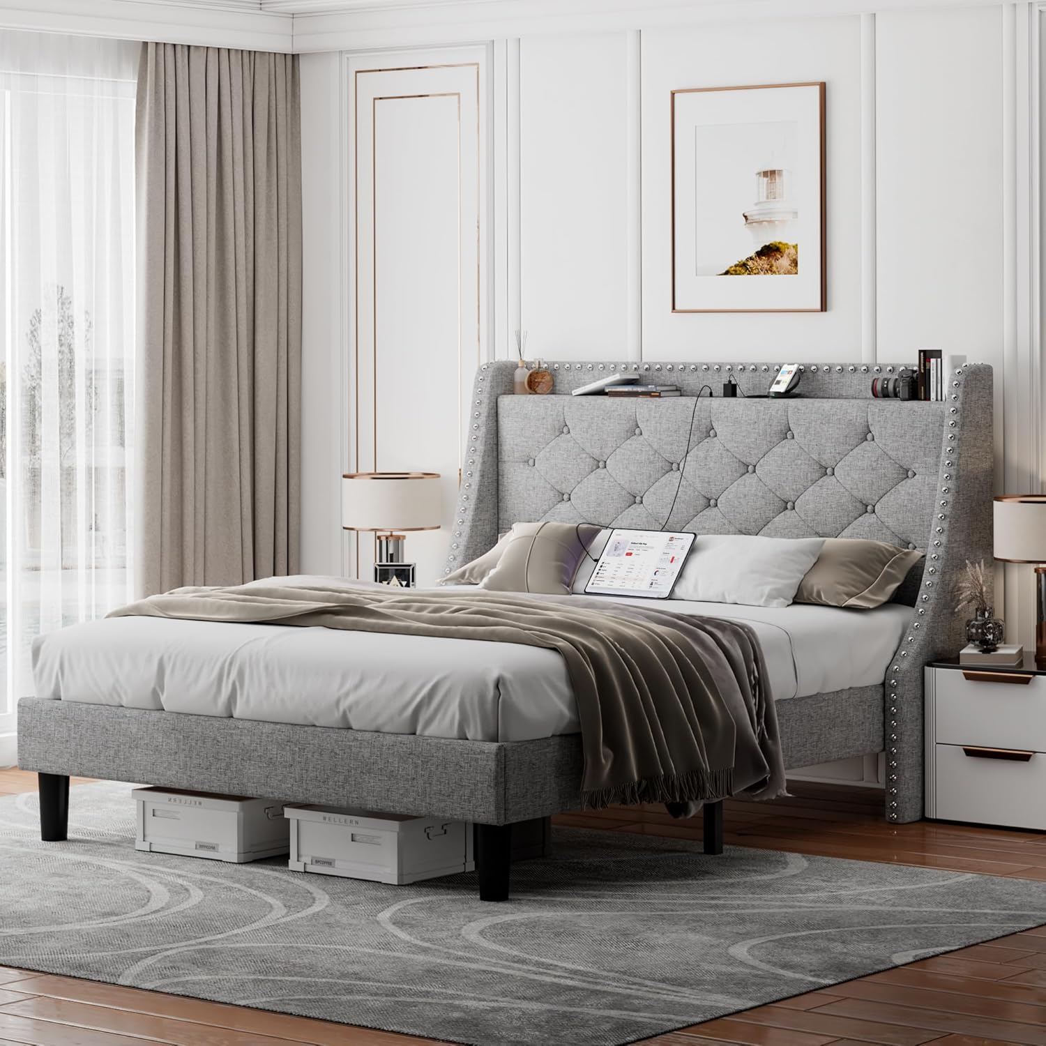 Amazon.com: Feonase Queen Bed Frame with Luxury Wingback Upholstered ...