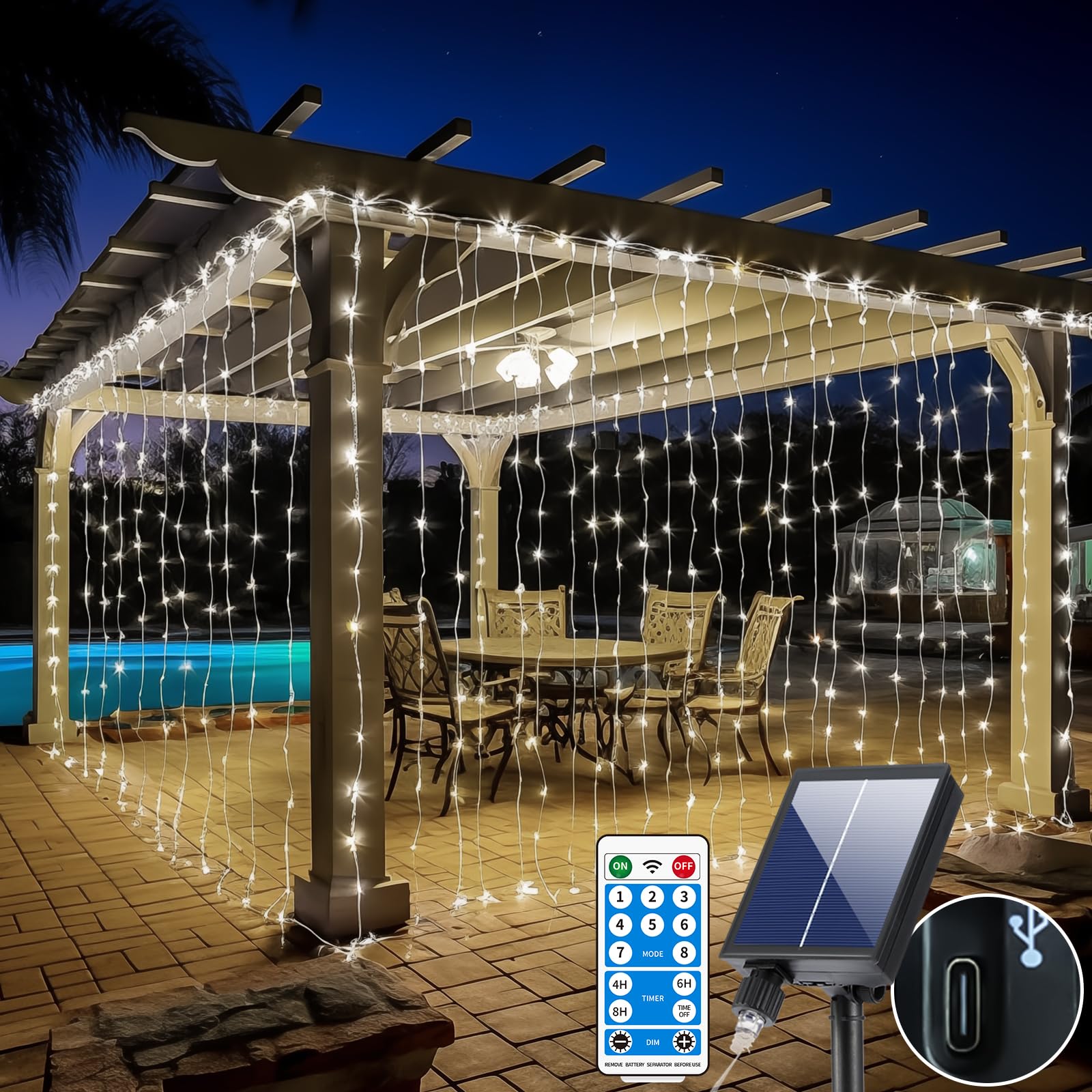600LED Solar Curtain Lights Waterproof, 20 * 10FT Upgraded Twinkle ...