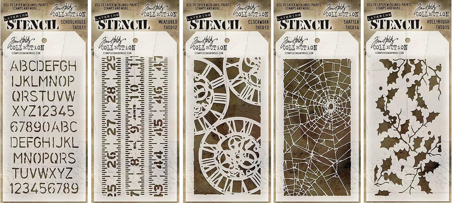 Amazon.com: Tim Holtz Stencils Set - #11 to #15 - Schoolhouse, Measured ...