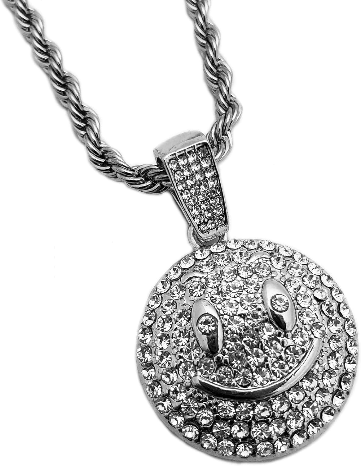 BLINGFACTORY Hip Hop Iced Smile Face CZ Medal Silver Plated Pendant ...