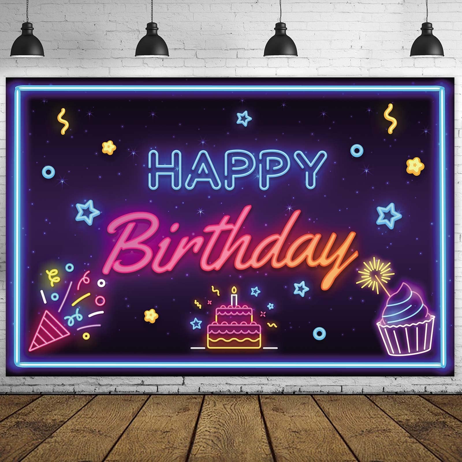 Amazon.com : Neon Happy Birthday Banner Backdrop Disco Neon Glow Theme ...
