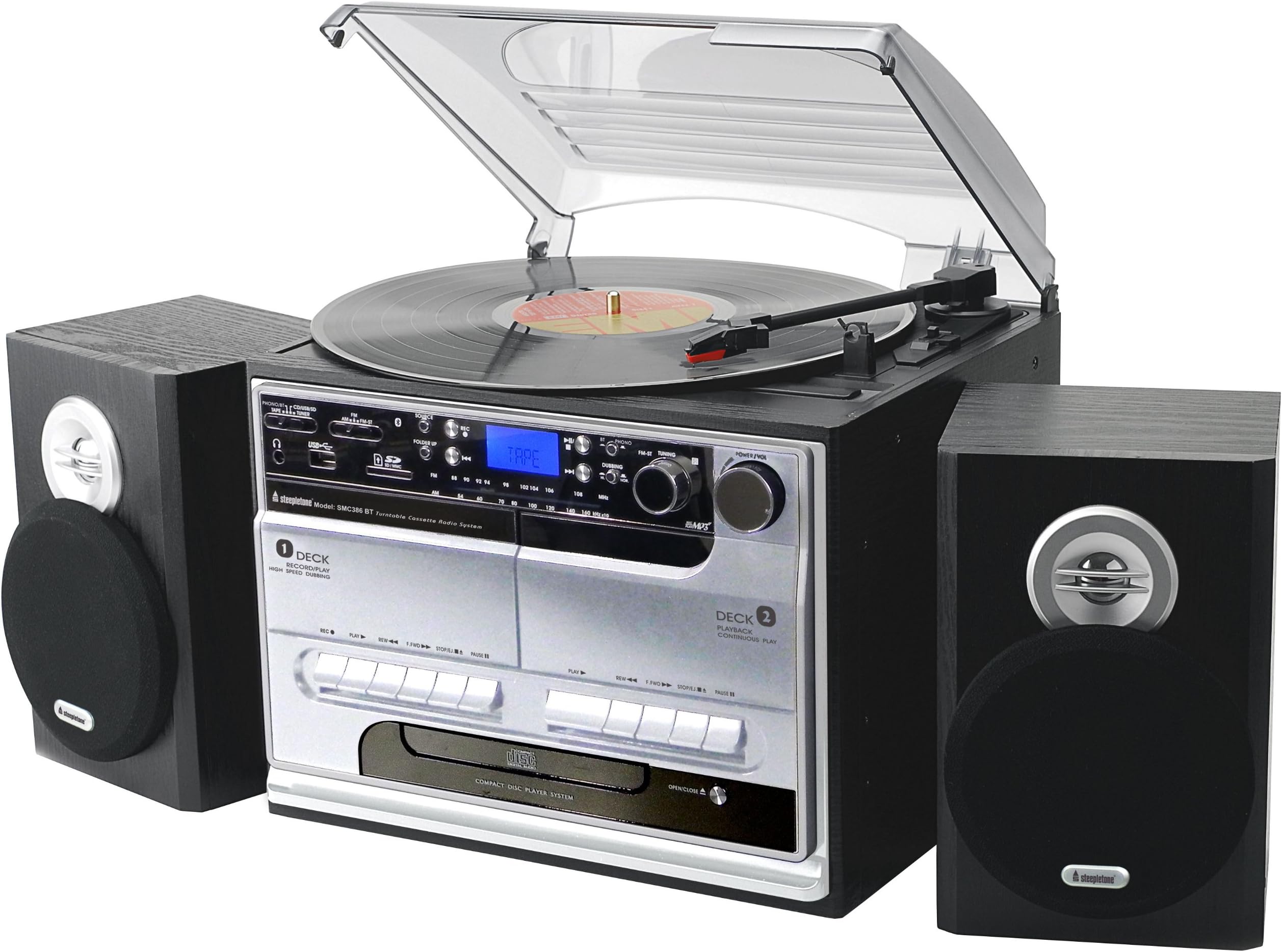 Steepletone SMC386r BT - 8 in 1 Music System, Bluetooth, 3 Speed Record ...