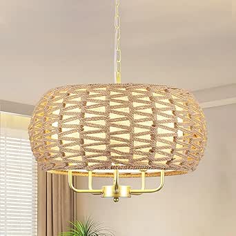Rattan Chandelier with Fabric Shade 5-Light Boho Farmhouse Light ...