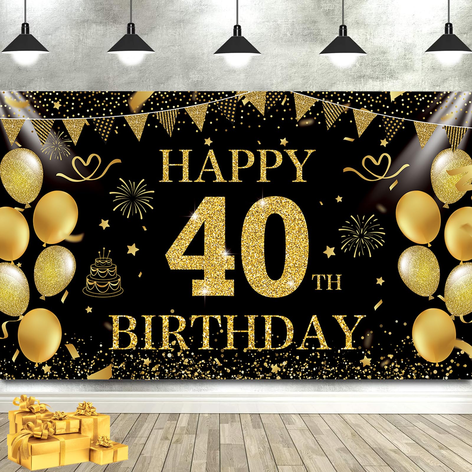 Amazon.com: SMENGGIL Black Gold Happy 40th Birthday Backdrop Banner ...