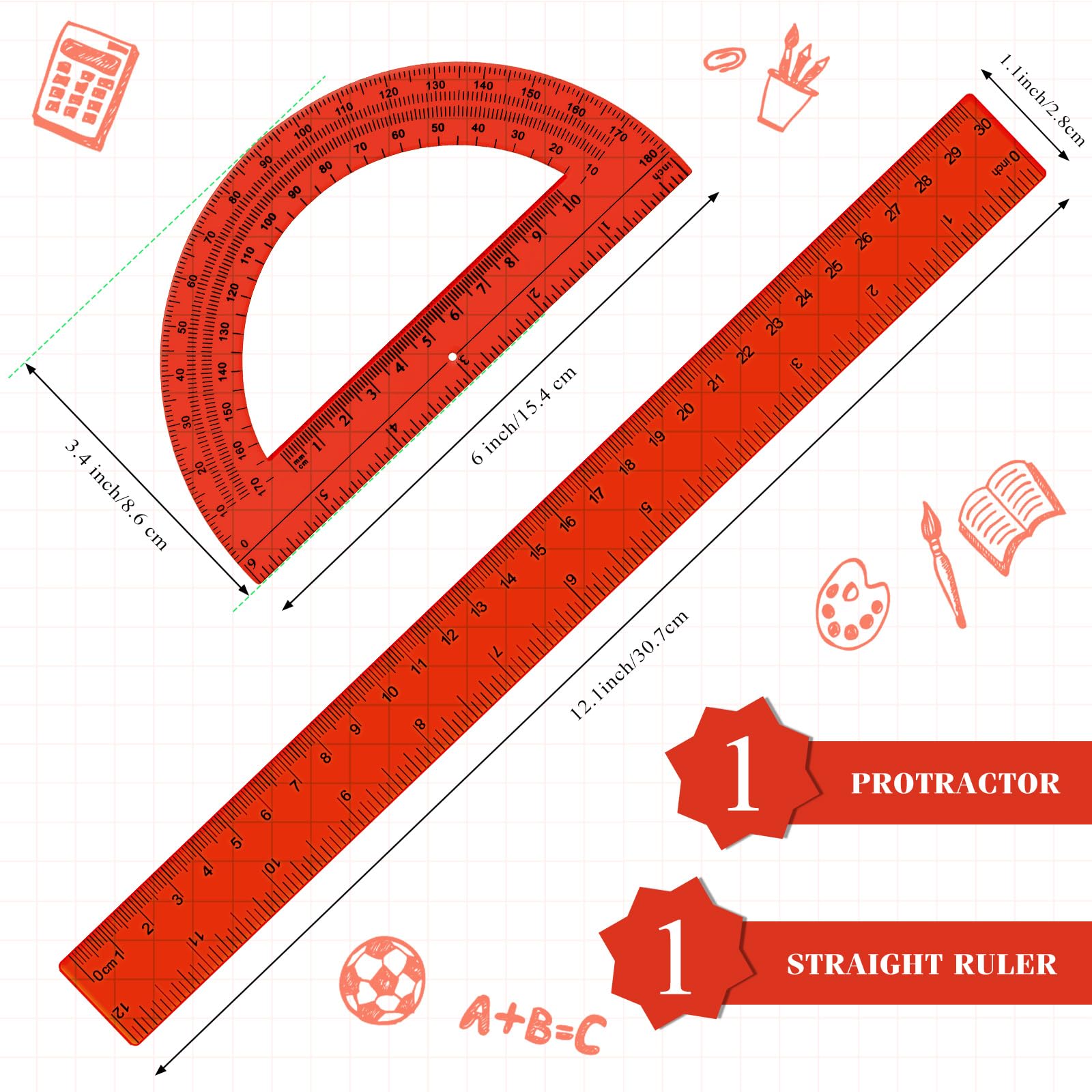 Snapklik.com : Zonon 2 Pack 12 Plastic Ruler And 6 Plastic Protractor ...