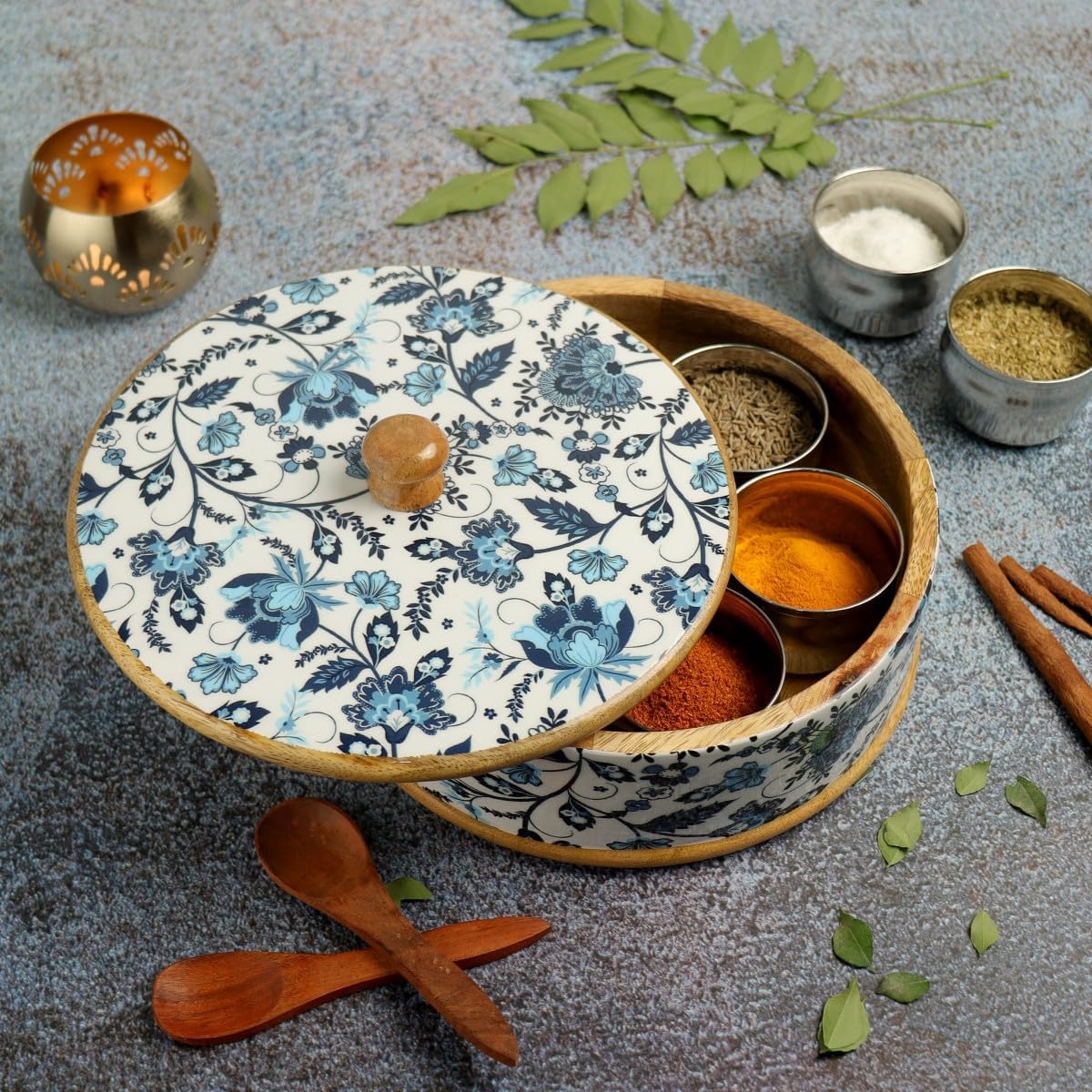 Nestroots wooden masala box for kitchen | 7 Stainless Steel jars ...