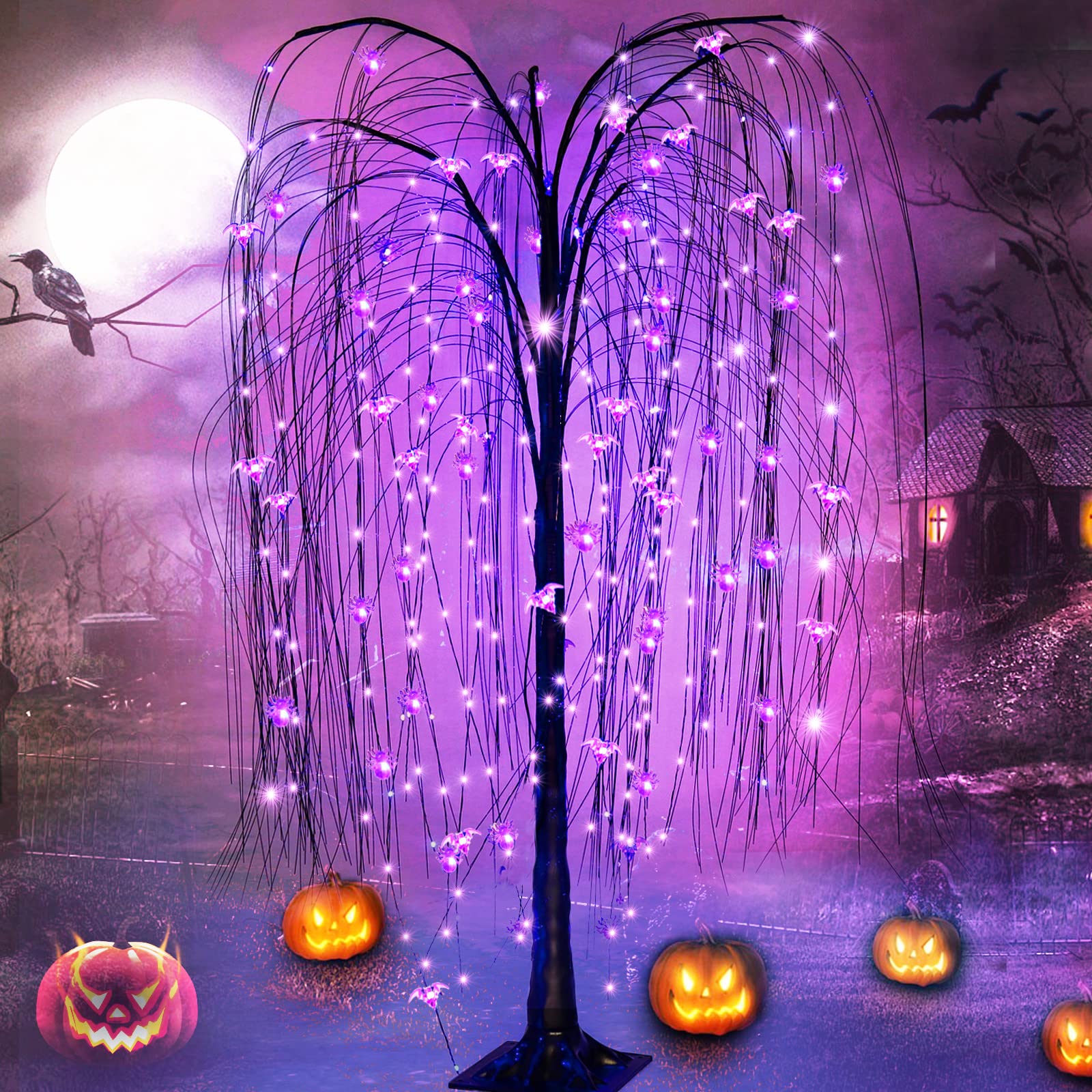Pooqla 5FT 240 LED Lighted Halloween Willow Tree Decorations, Black ...