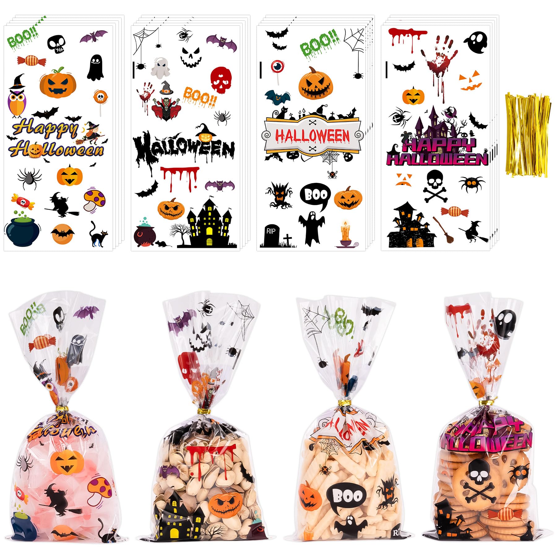 Amazon.com: Larcenciel 100 Pcs Halloween Cellophane Treat Bags, Pumpkin ...