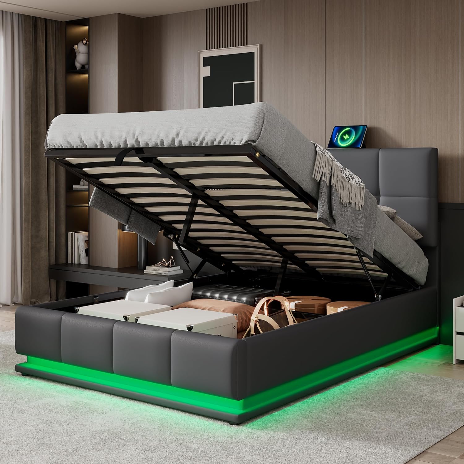 ModernLuxe Lift Up Double Bed Frame with Led Lighting, PU Faux Leather ...