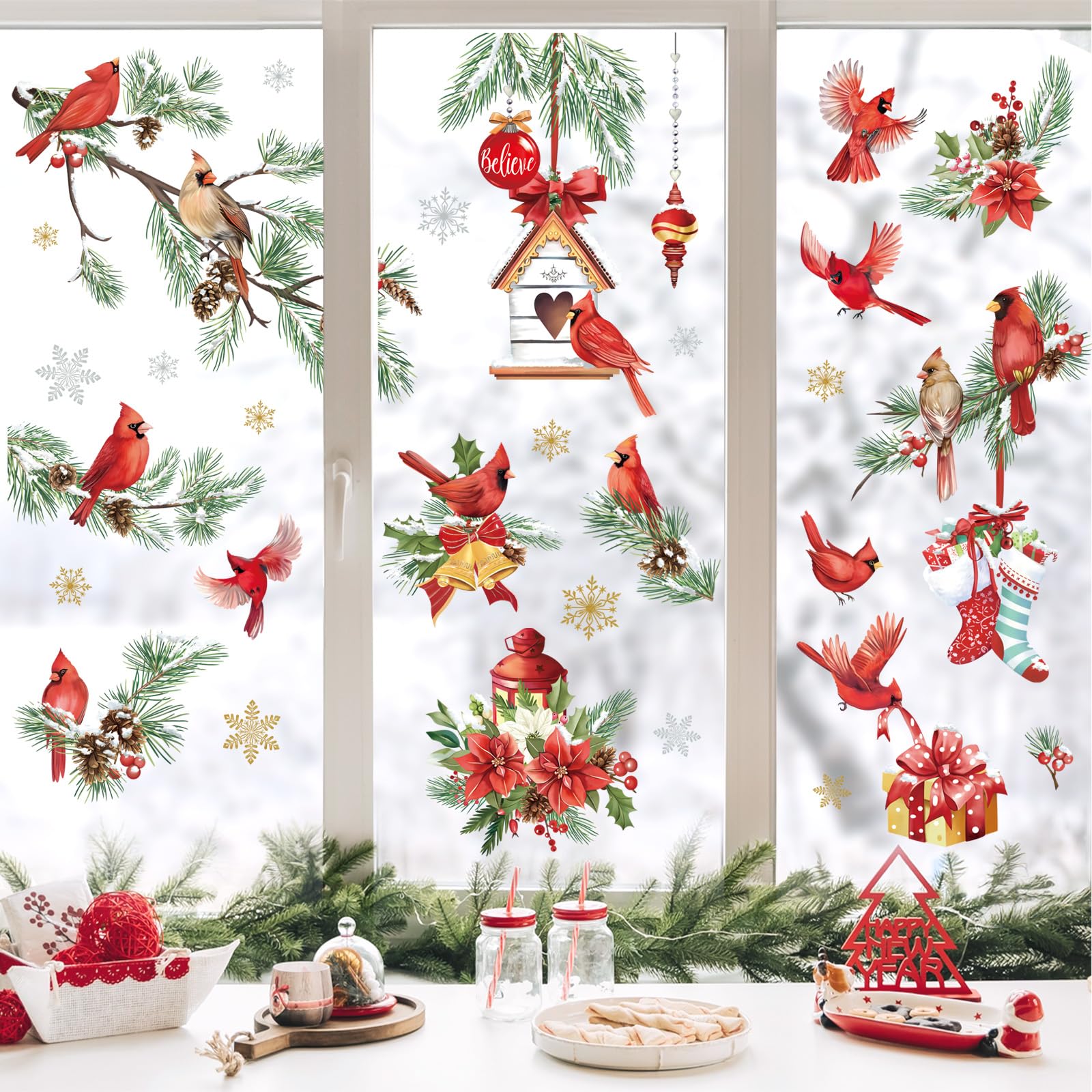 Amazon.com: decalmile Christmas Red Cardinal Birds Window Clings ...