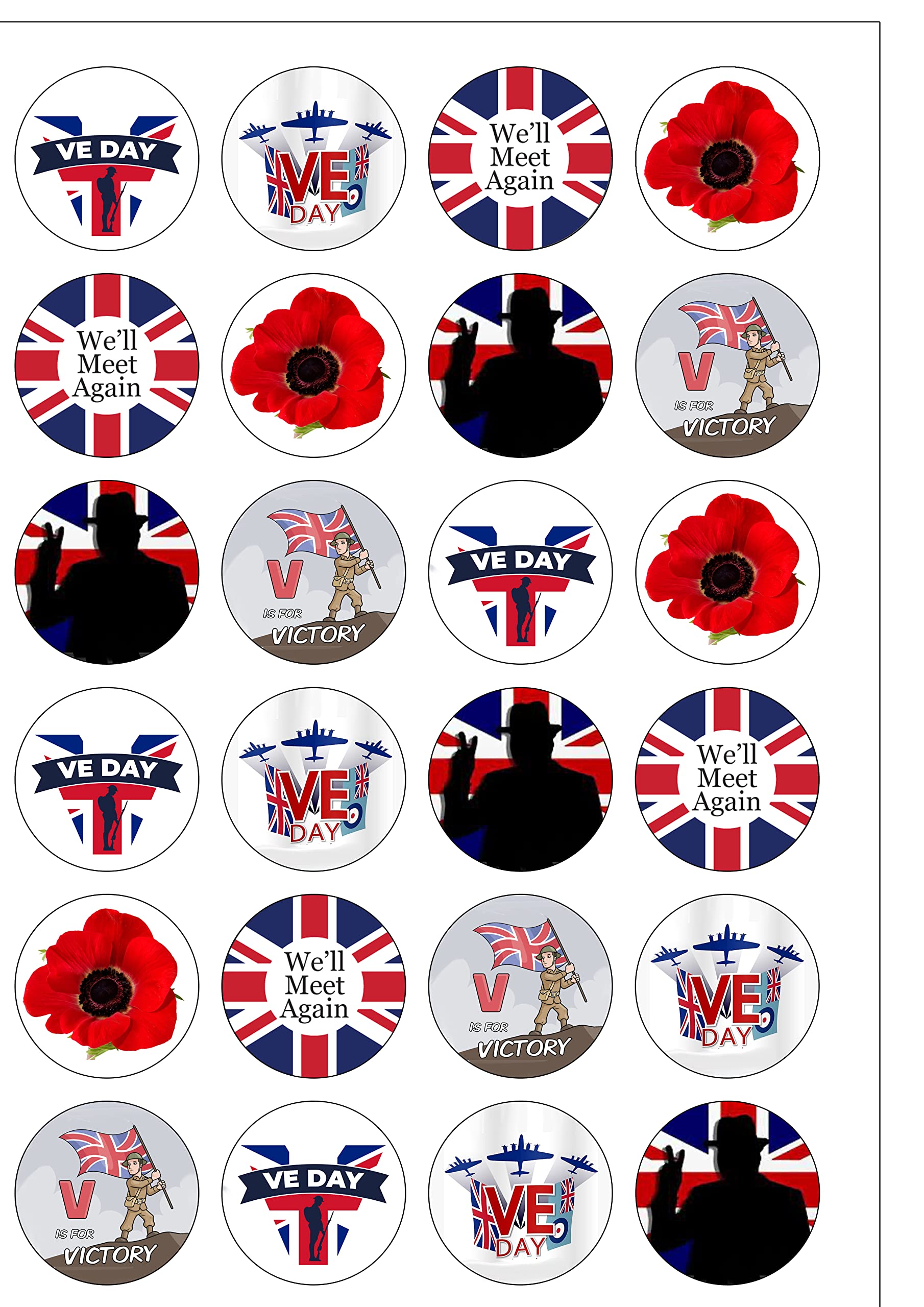 24 Precut Round VE Day Victory World War Commemorative Edible Wafer ...