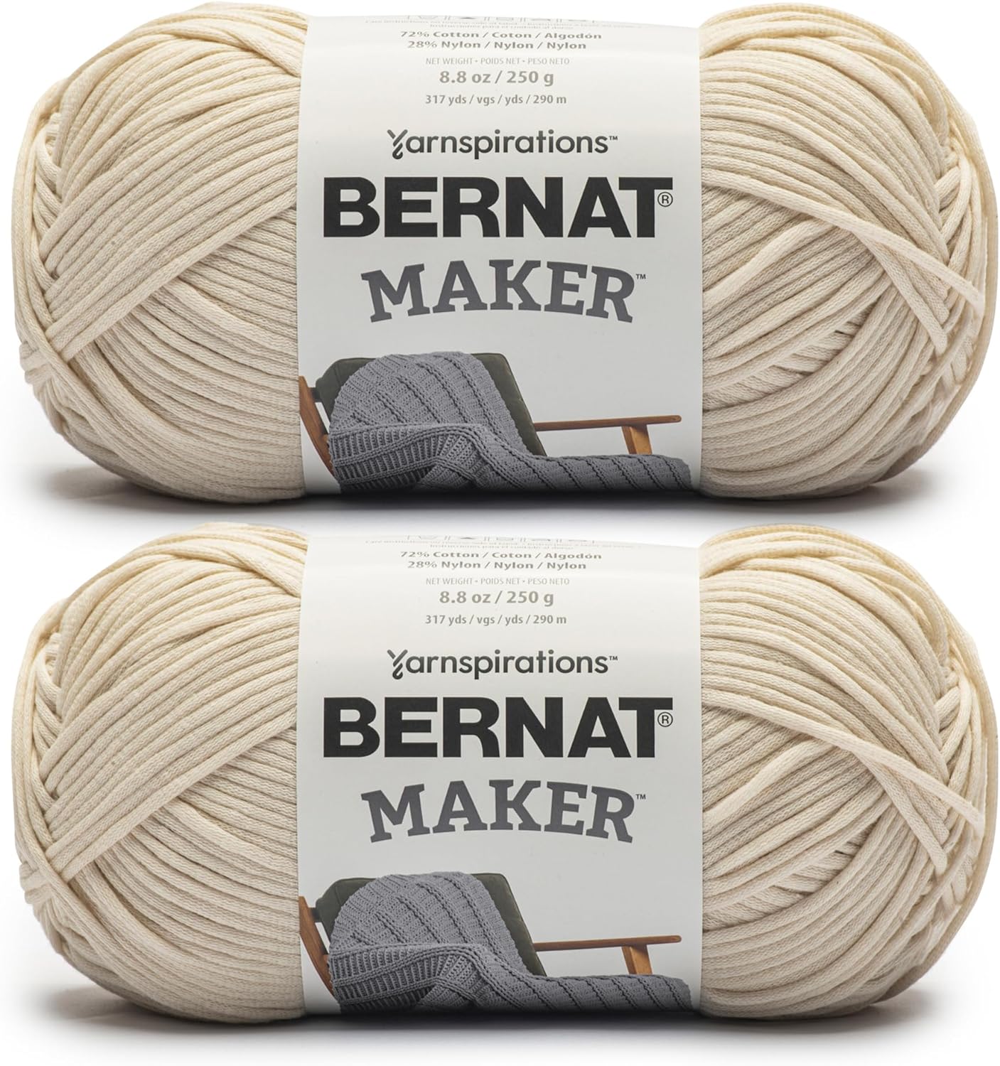 Bernat Maker Cream Yarn - 2 Pack of 250g/8.8oz - 72% Cotton 28% Nylon ...