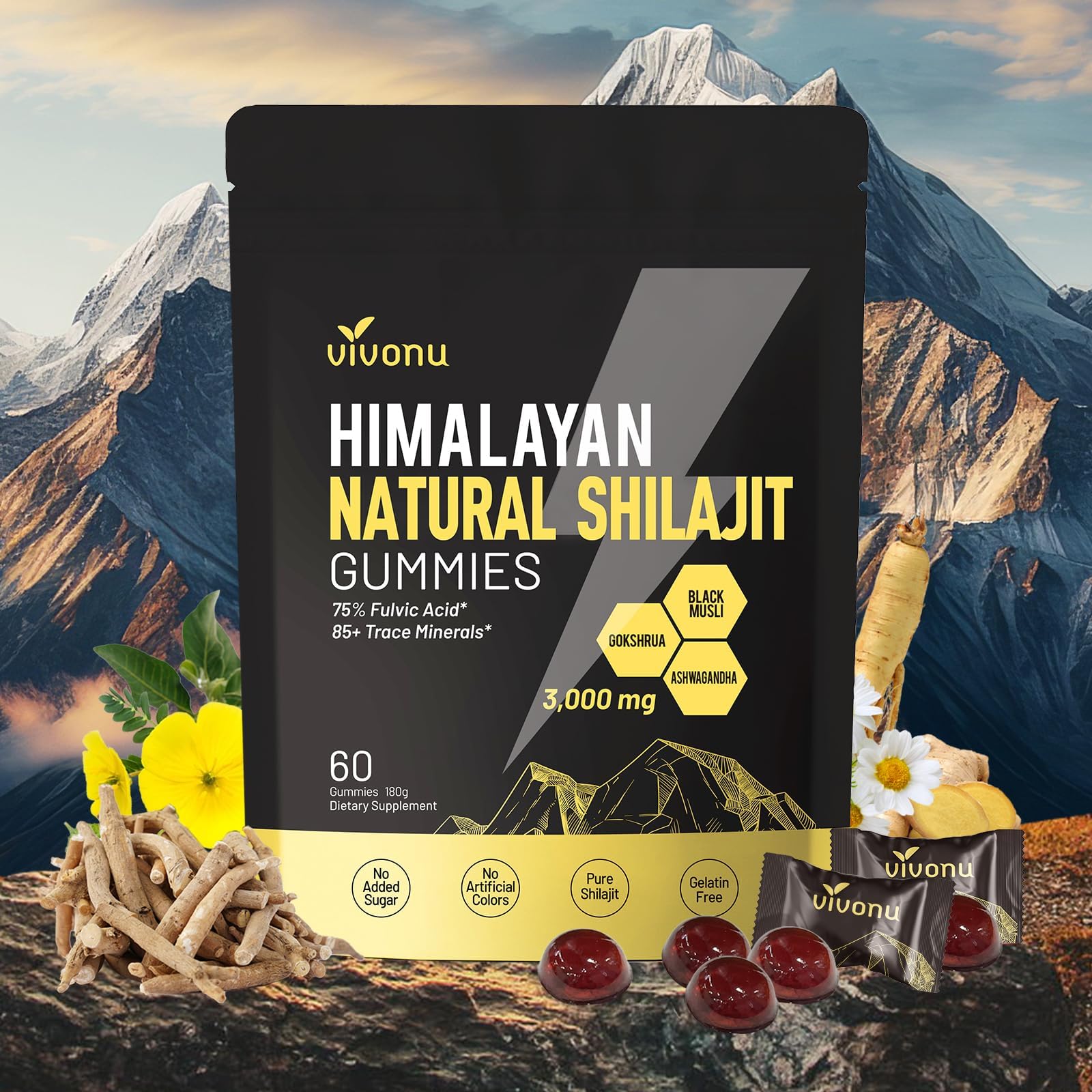 Amazon.com: ad hoc 1100mg Gold Shilajit Gummies with Magnesium, Lions Mane, Rhodiola, Grape Seed ...