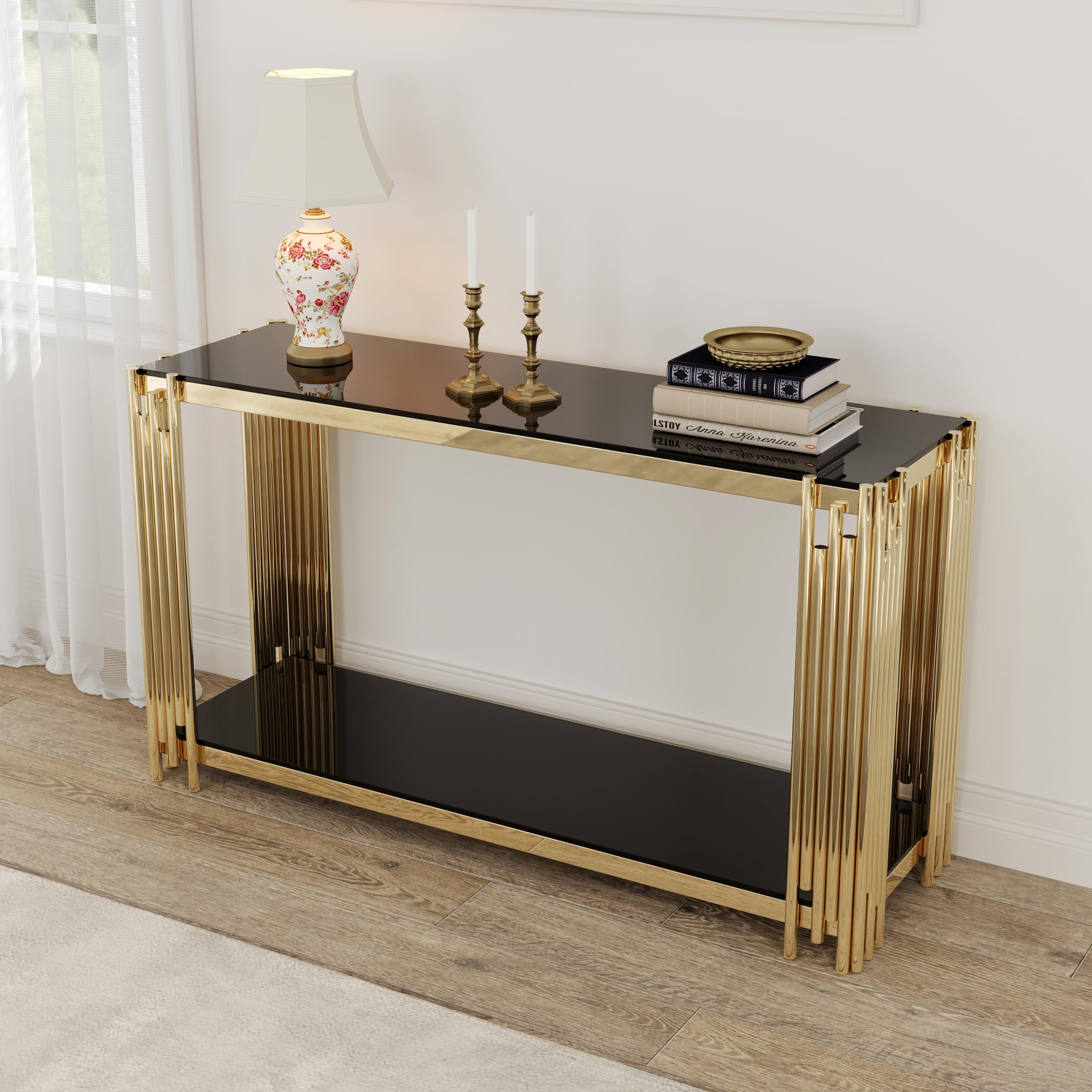 Amazon.com: Henf 55" Glass Console Table Modern Black Glass Entryway ...