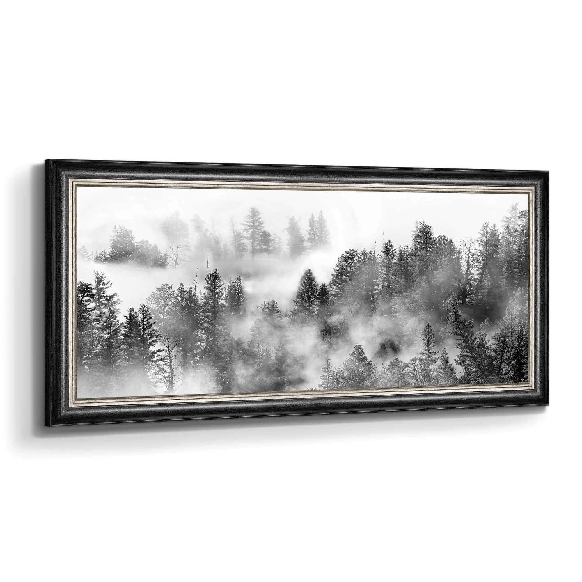 Framed Nature Landscape Wall Art: Black Foggy Pine Tree Forest Picture ...