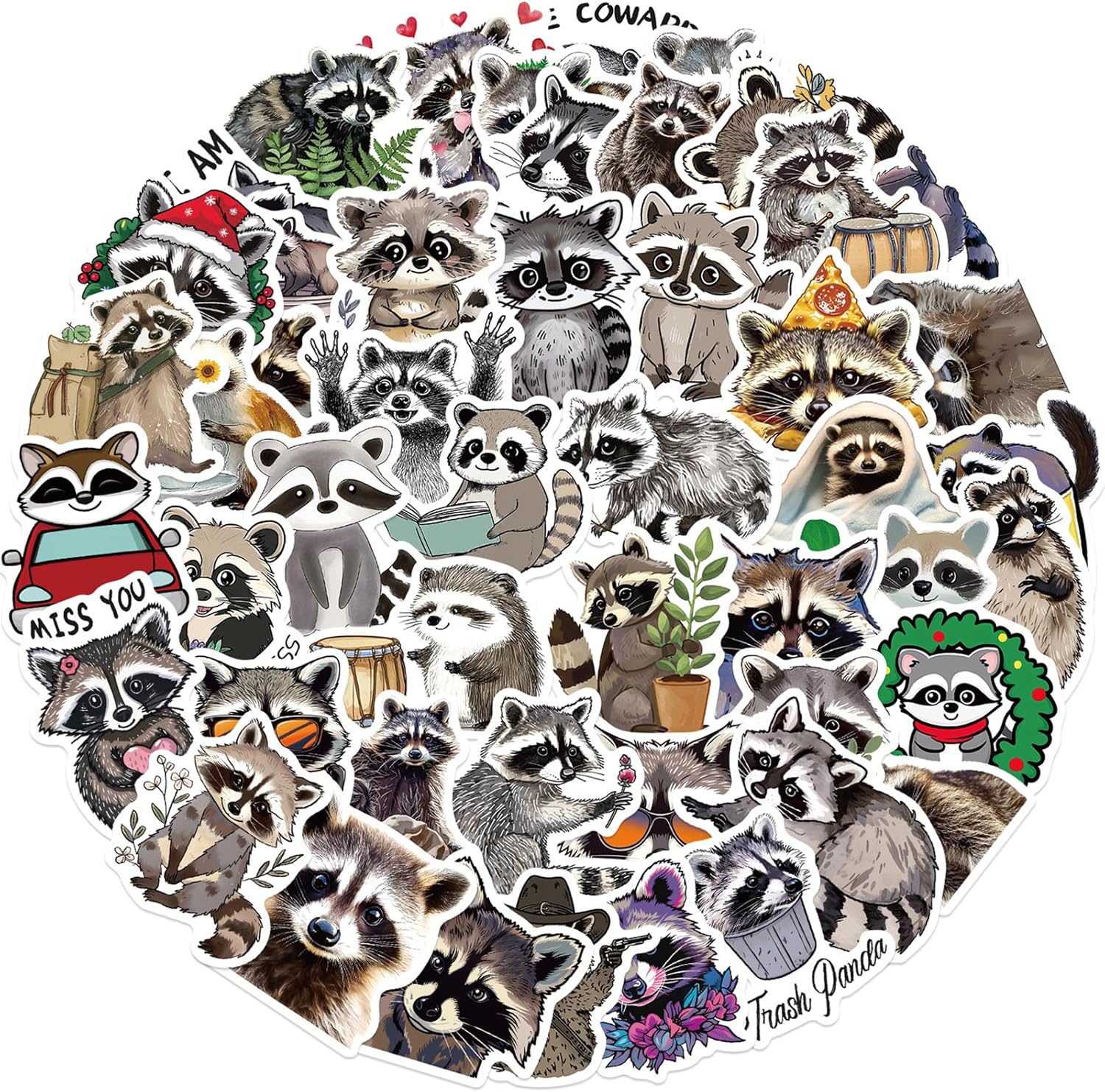 Amazon.com: 50Pcs Cute Raccoon Stickers Waterproof Cartoon Animal ...