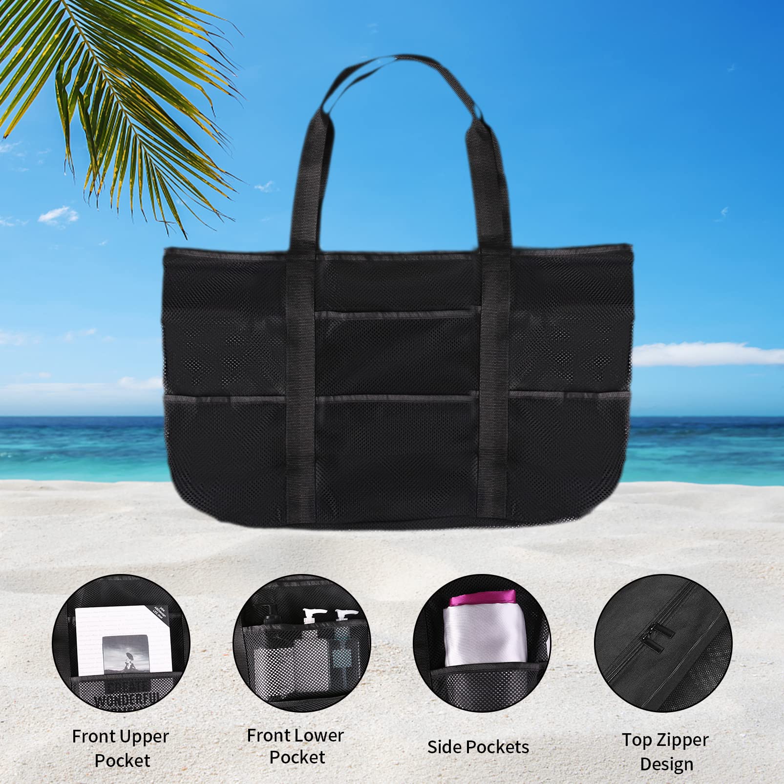 Large Mesh Beach Tote Bag Waterproof Sandprood for Women, Black ...