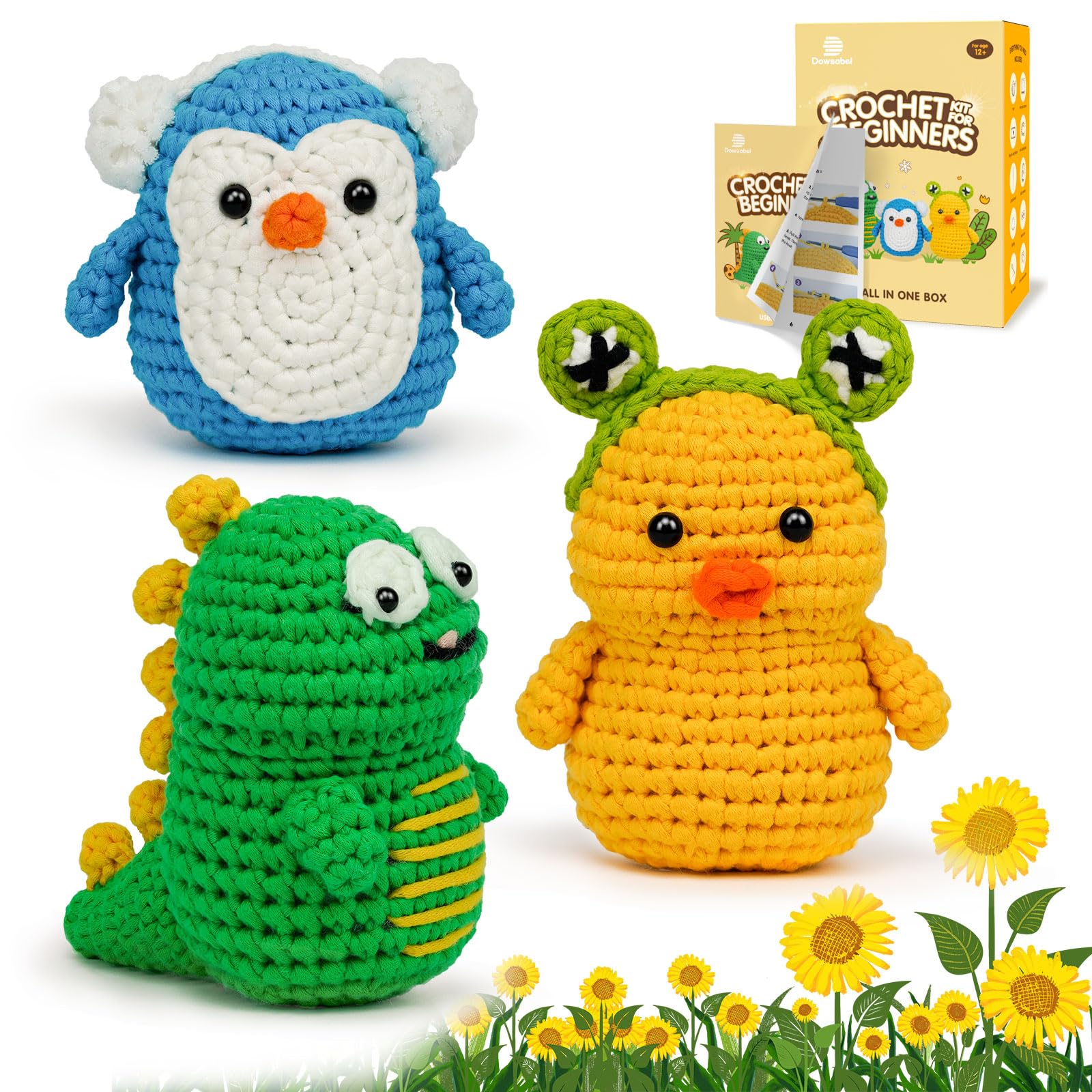 Dowsabel Crochet Kit for Beginners, 3 Pattern Animals-Dinosaur, Duck ...