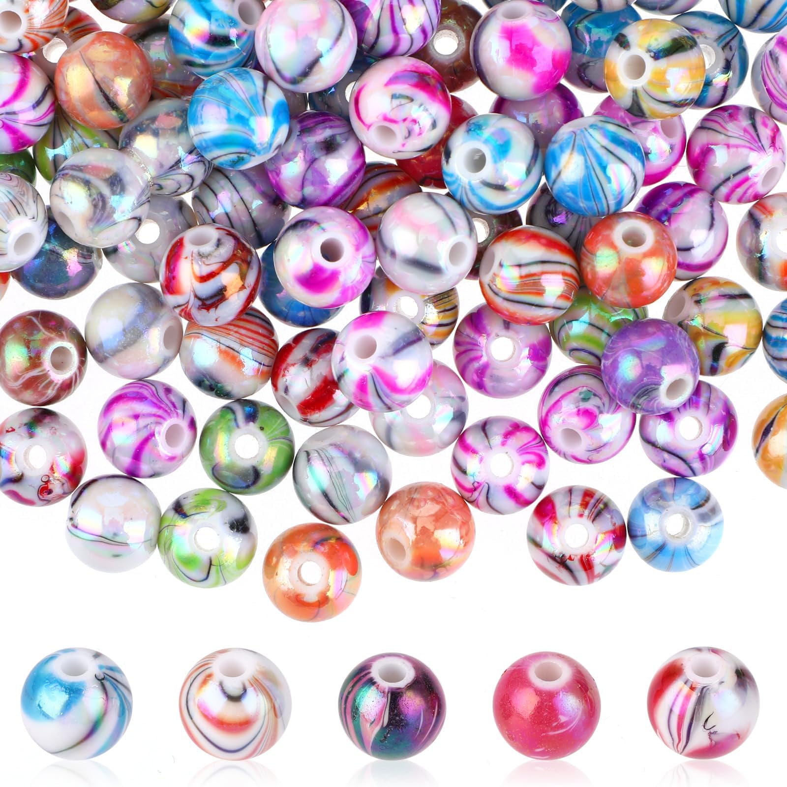 500 Pcs Multicolor Acrylic Beads, 8mm Exquisite Ink Patterned Glass ...