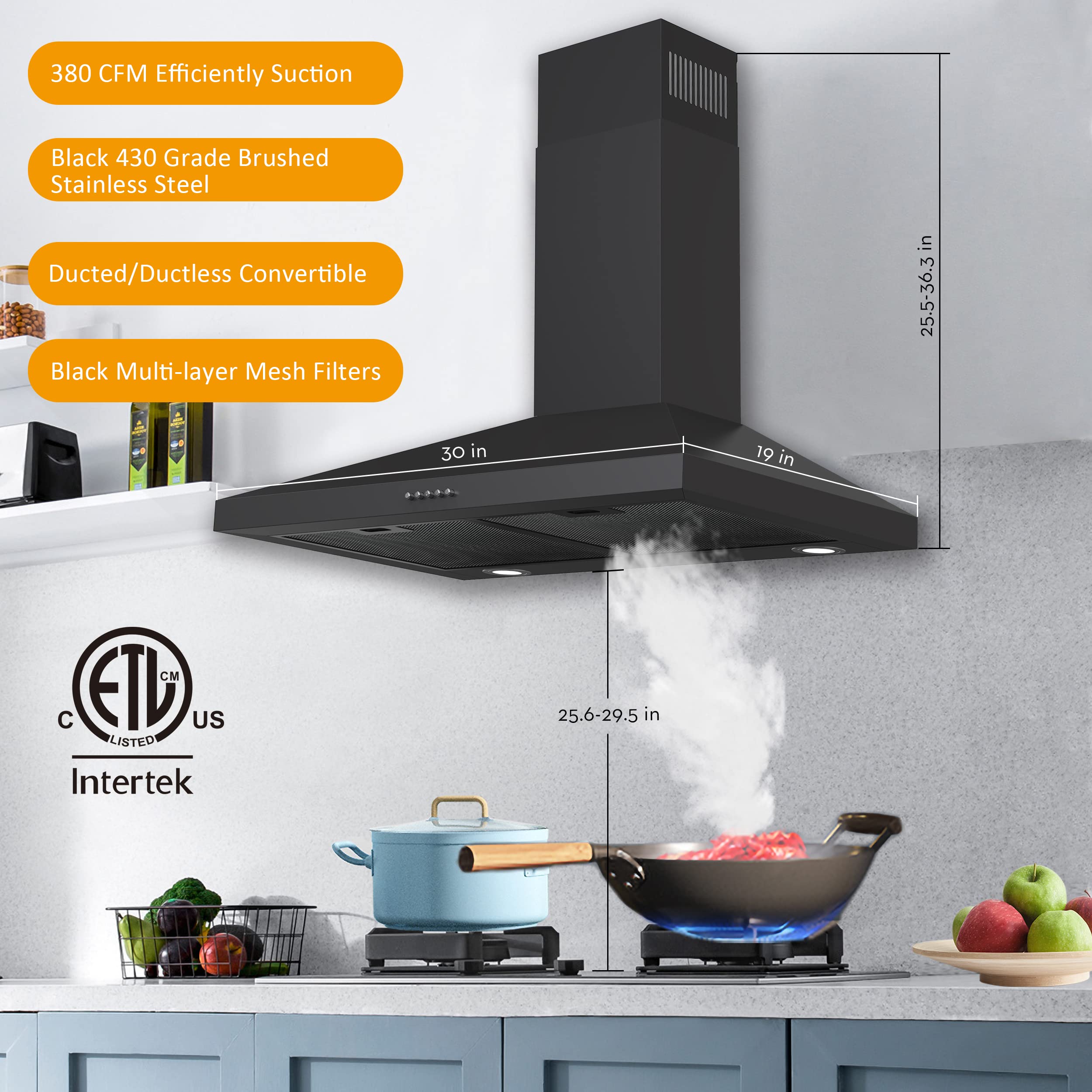 Snapklik.com : FIREGAS Black Range Hood 30 Inch, Ducted/Ductless Range ...