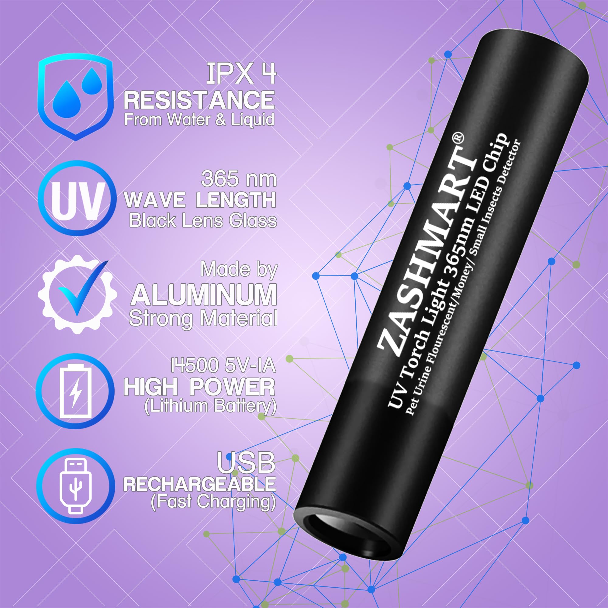 ZASHMART UV Torch 365nm| Rechargeable Ultraviolet Torch | UV Light for ...