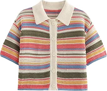Womens Cropped Striped Sweater Cardigan Short Sleeve Crochet V Neck ...