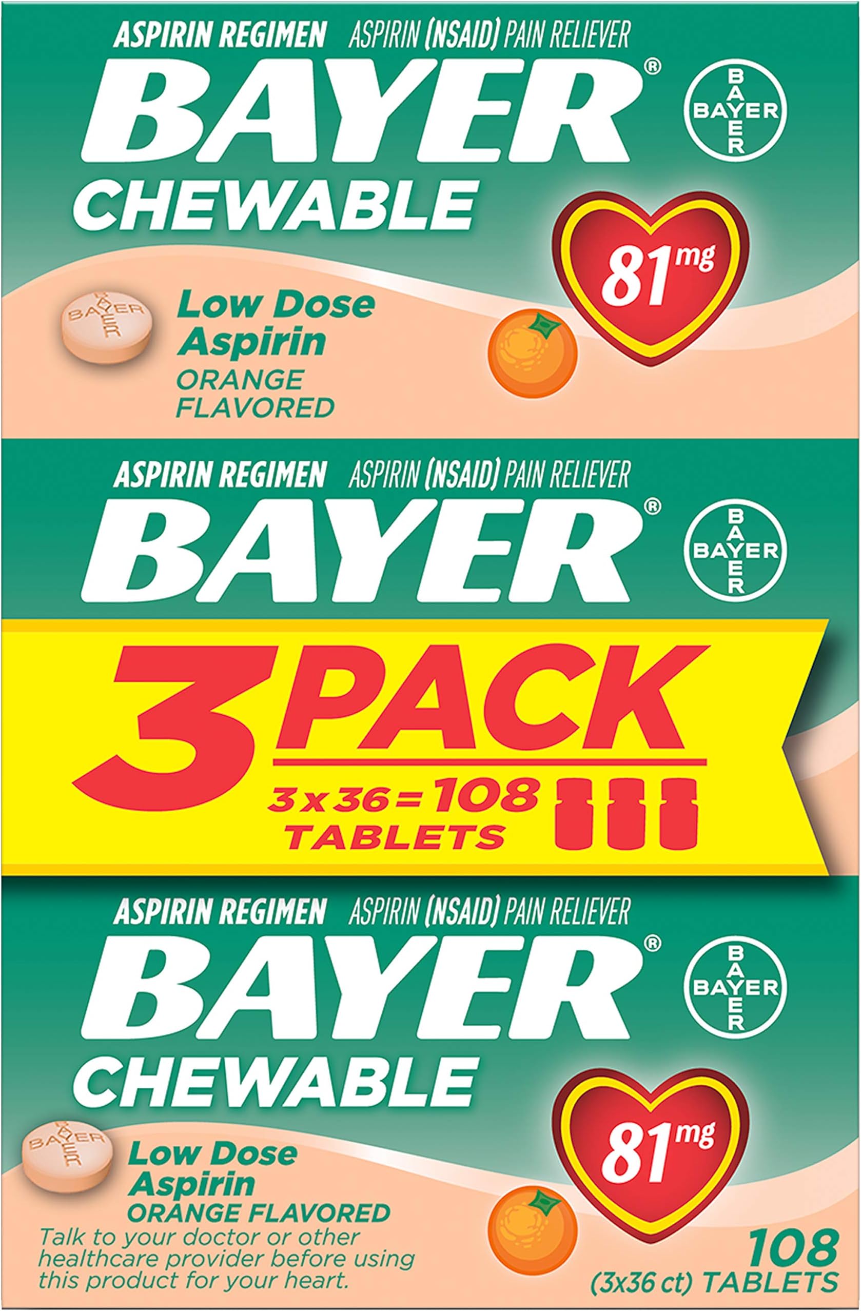 Amazon.com: Aspirin Regimen Bayer, 81mg Chewable Tablets, Pain Reliever ...