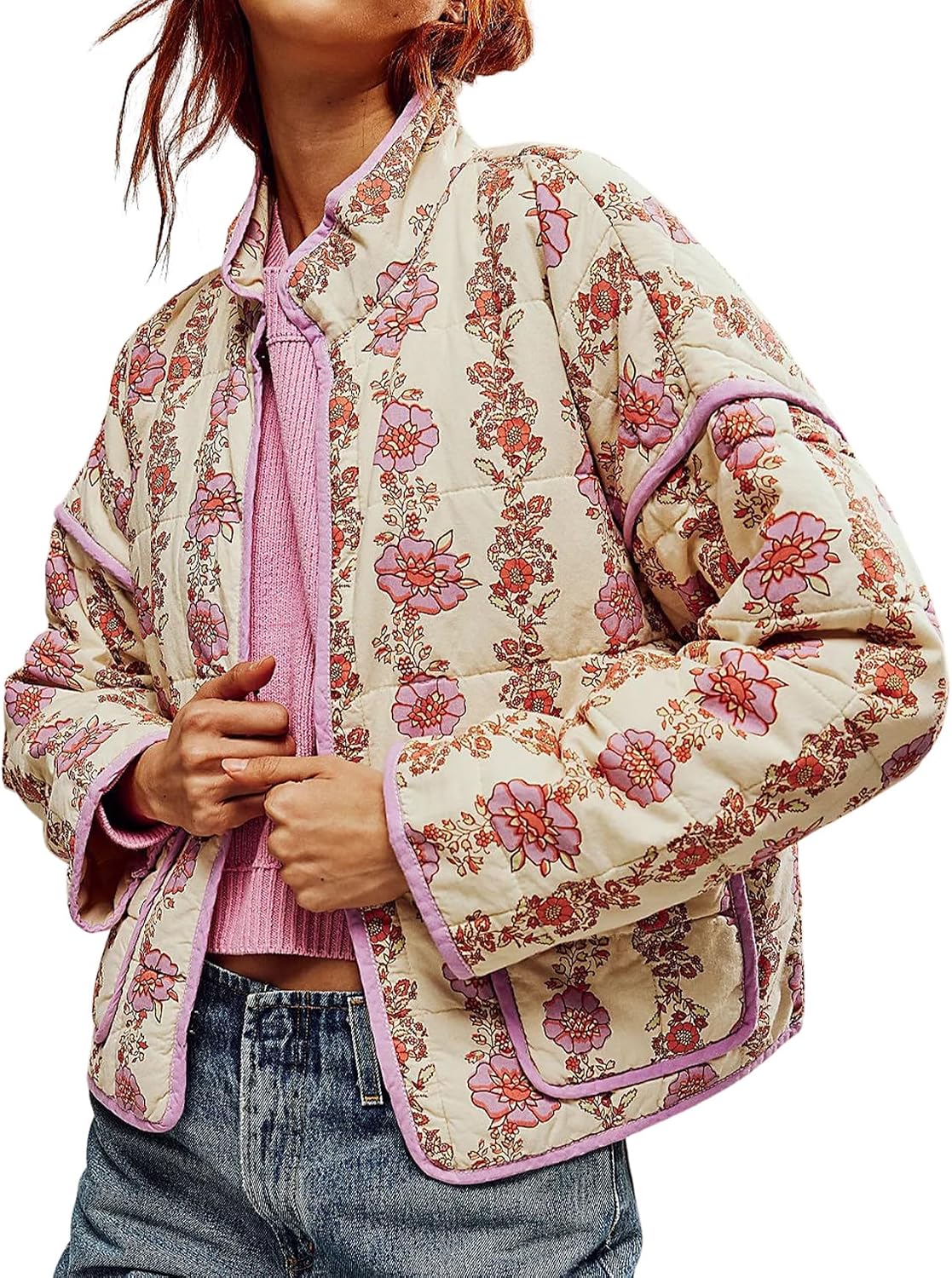 Yimoon Women's Cropped Puffer Quilted Jacket Vintage Floral Print Open ...