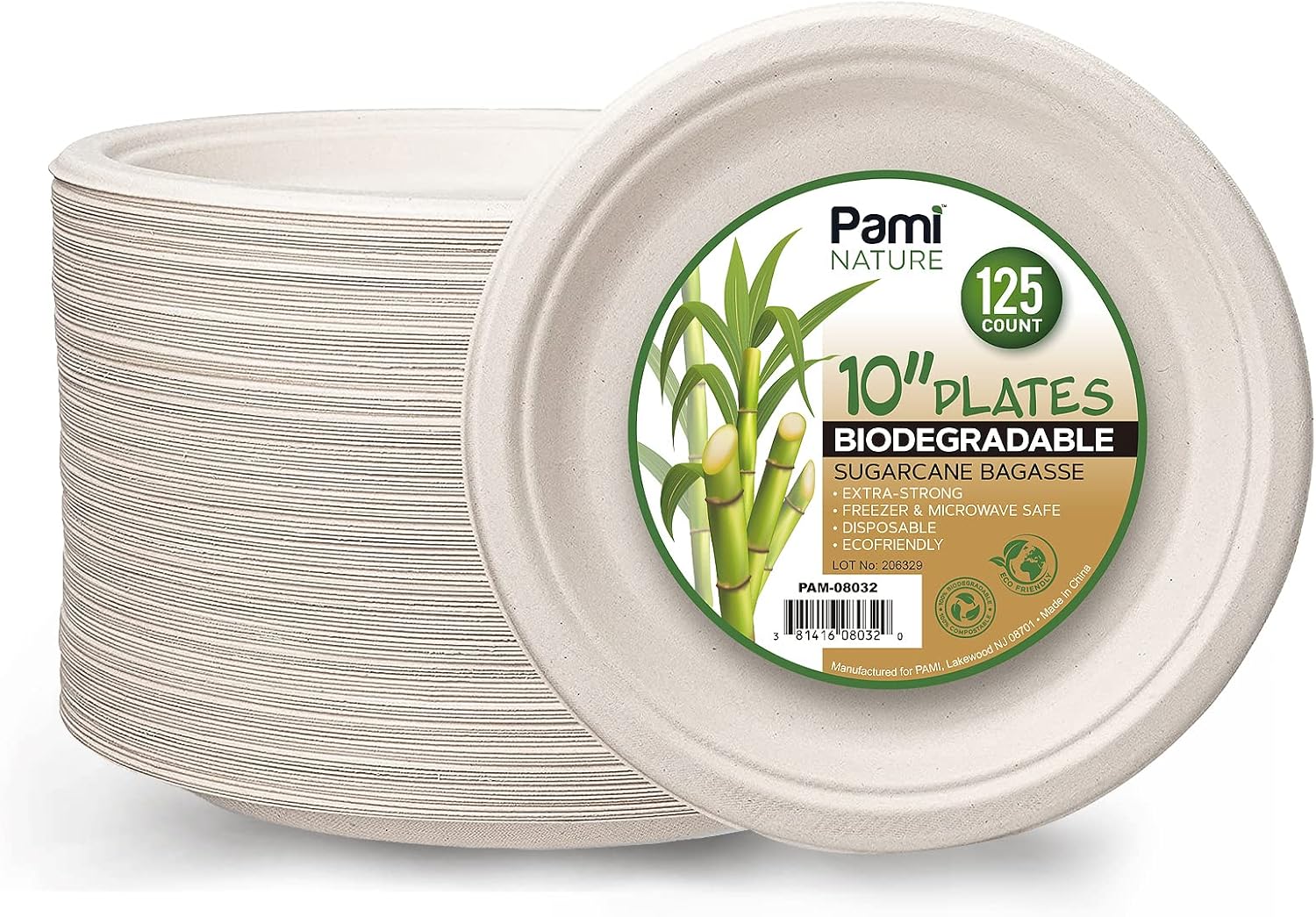 PAMI Platos de caña de azúcar 100% biodegradables [paquete de 125] 10 pulgadas, platos de cena ...