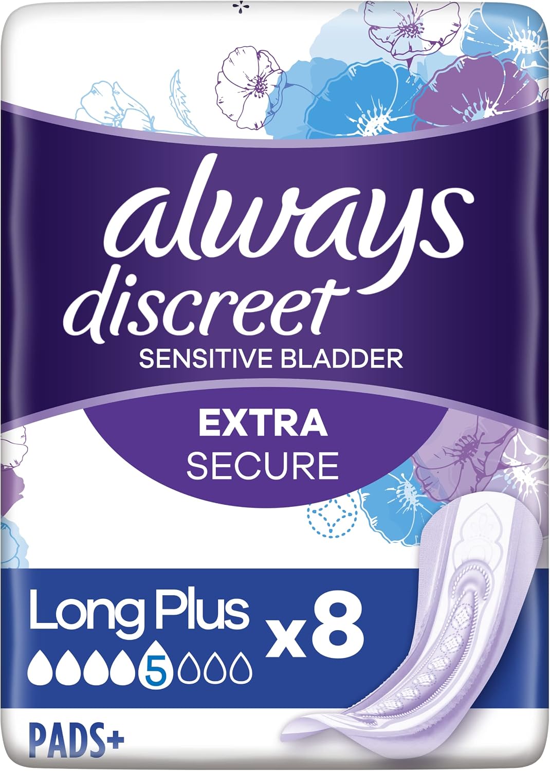 Always Discreet Incontinence Pads Women, Long Plus, 8 Pads, Odour ...