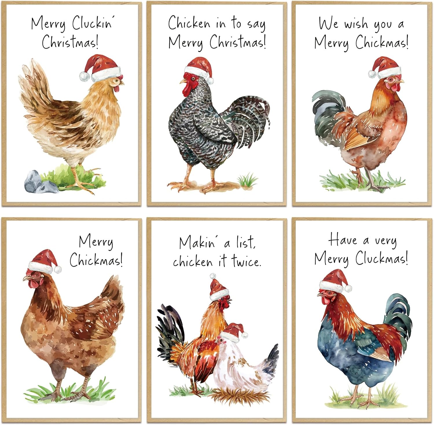 Amazon.com: Supoeguk 24 Funny Chicken Christmas Card Set, Watercolor ...