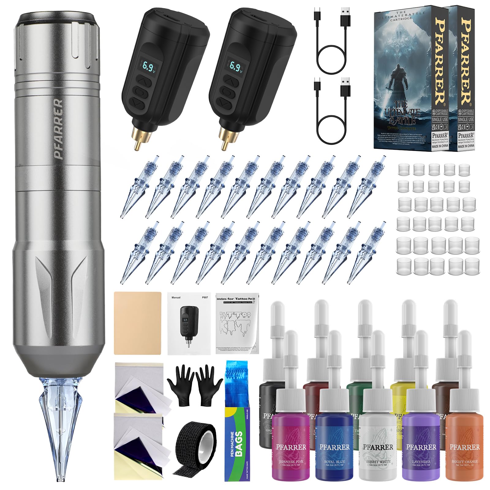 Amazon.com: PFARRER Tattoo Gun Kit Wireless Tattoo Pen Machine with 2 ...