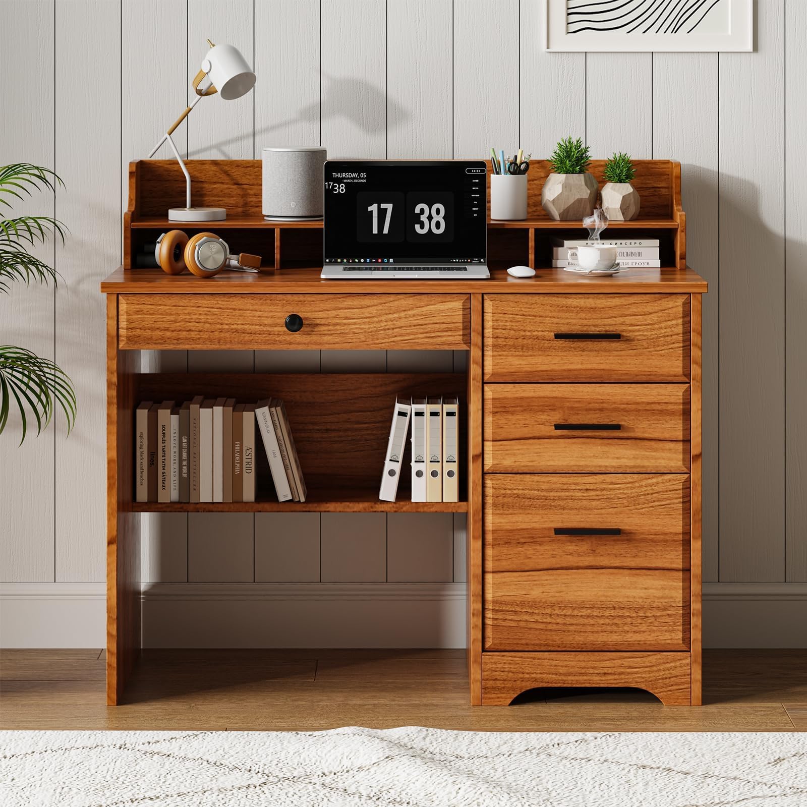 Amazon.com: 4 EVER WINNER Wood Desk with Monitor Stand and Drawers, 44 ...