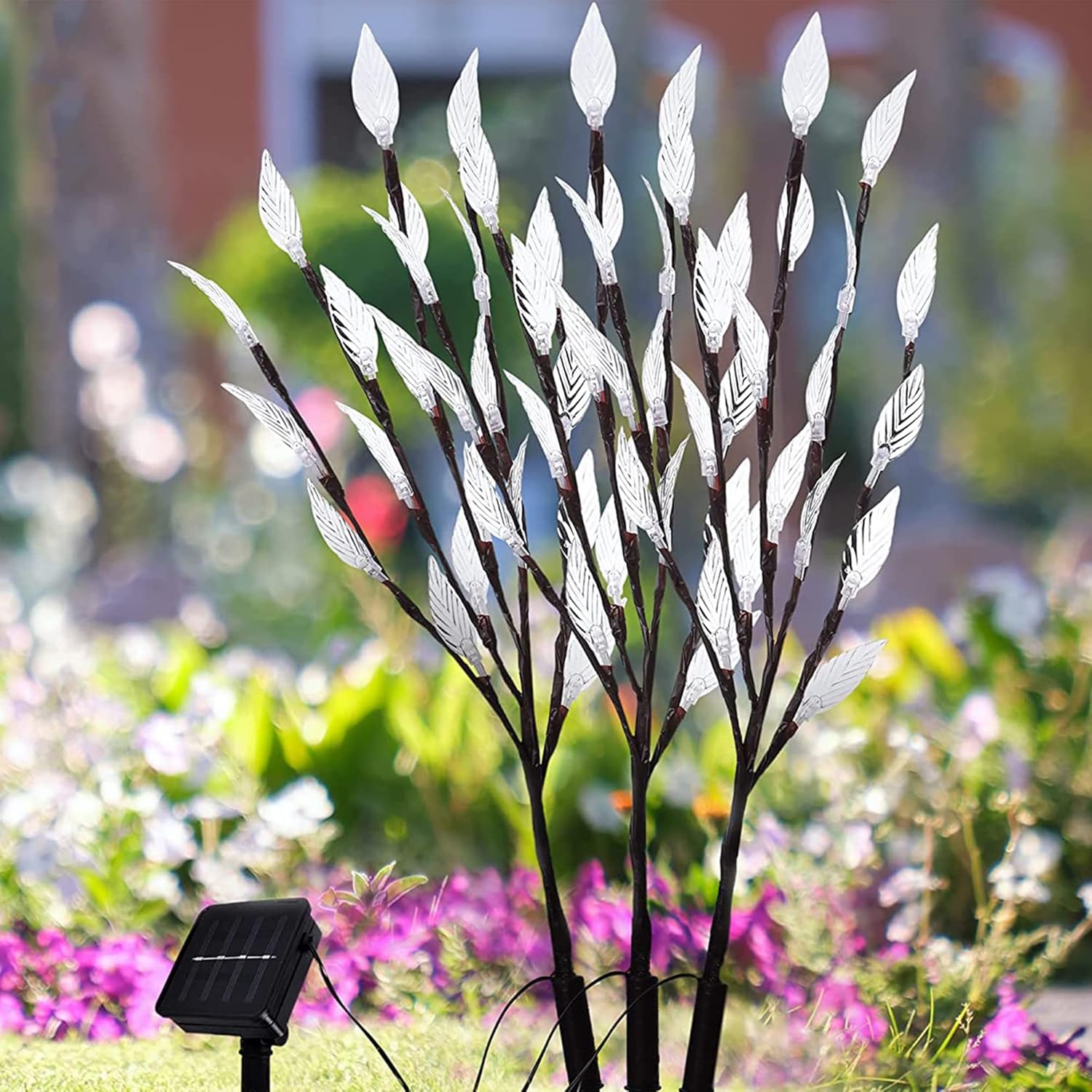 Set of 3 Solar Tree Branch Twig Leaf Outdoor Garden LED Lights White ...