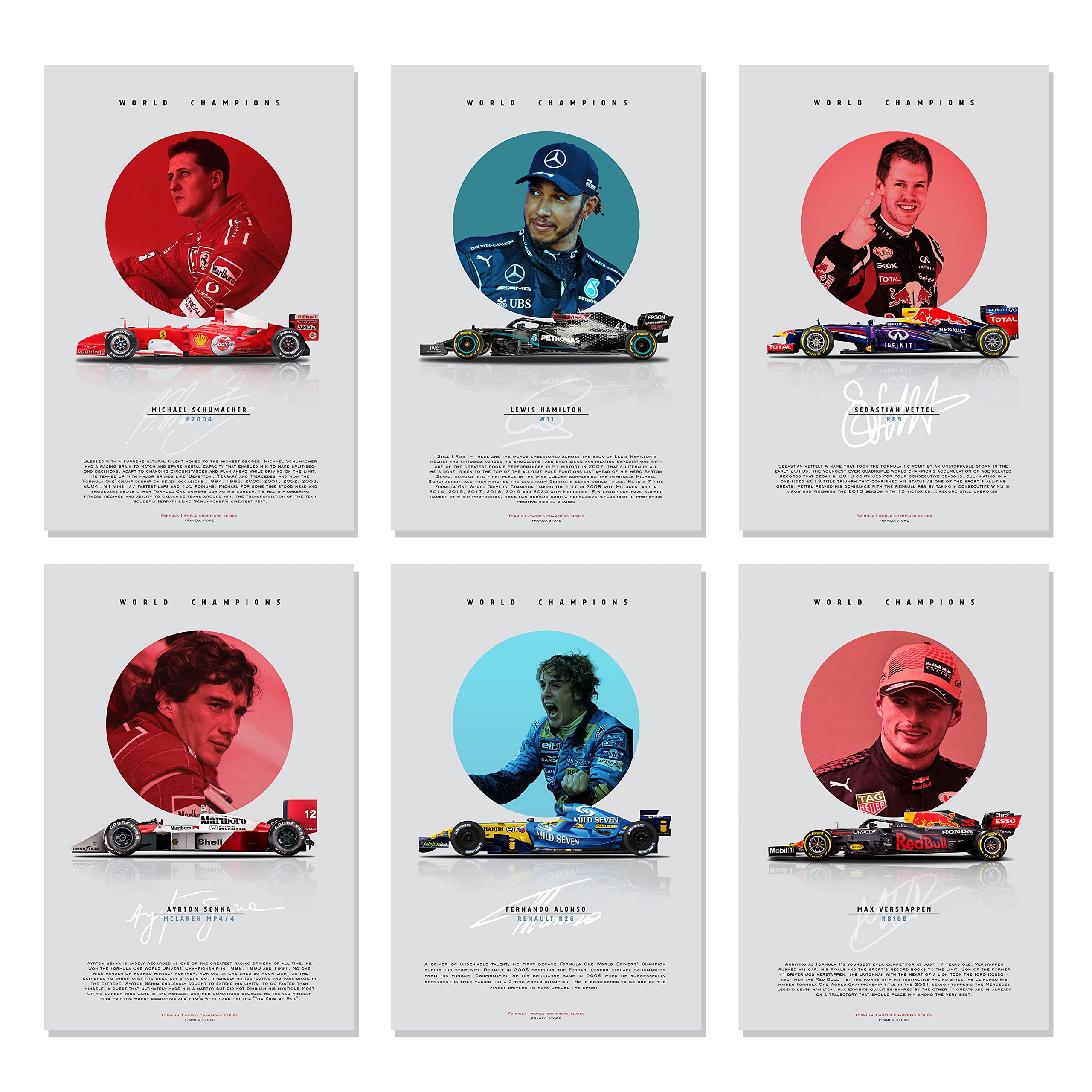 FRAMEO STORE Formula 1 World champion series poster set, F1 legends ...