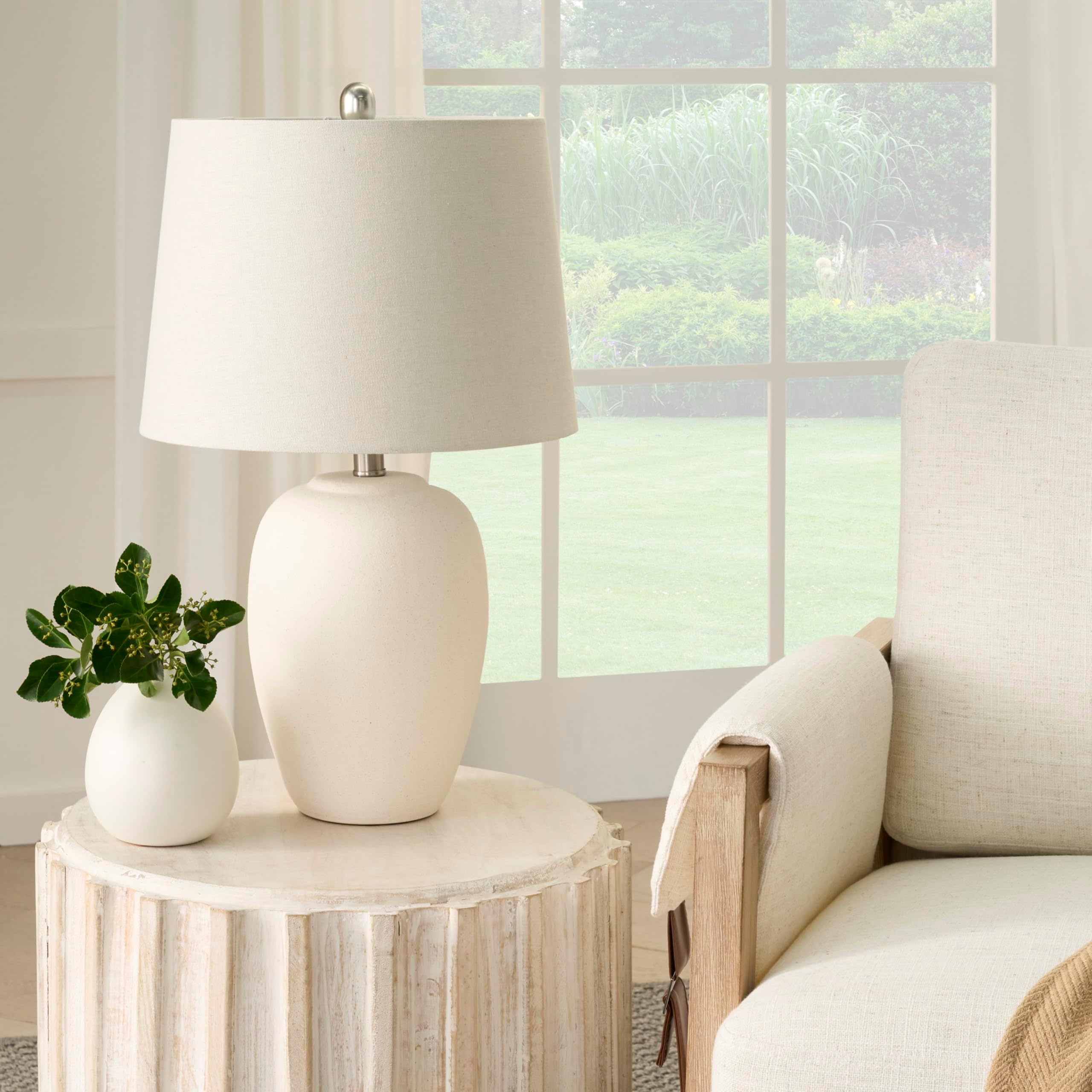 Nourison 18" Off-White Round Metal Table Lamp for Bedroom, Living Room ...