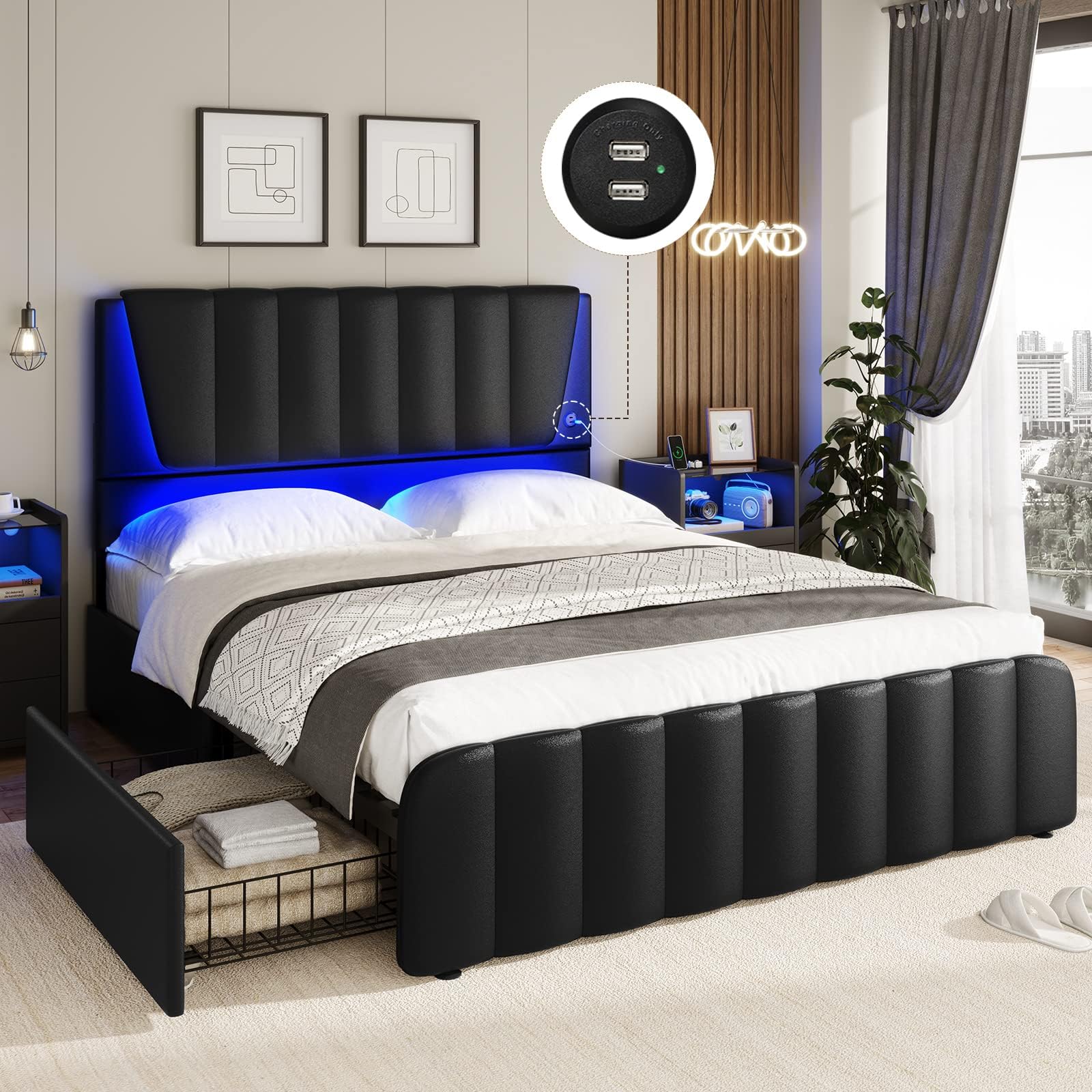 Amazon.com: AOGLLATI Full Size Bed Frame with Headboard, 4 Storage ...