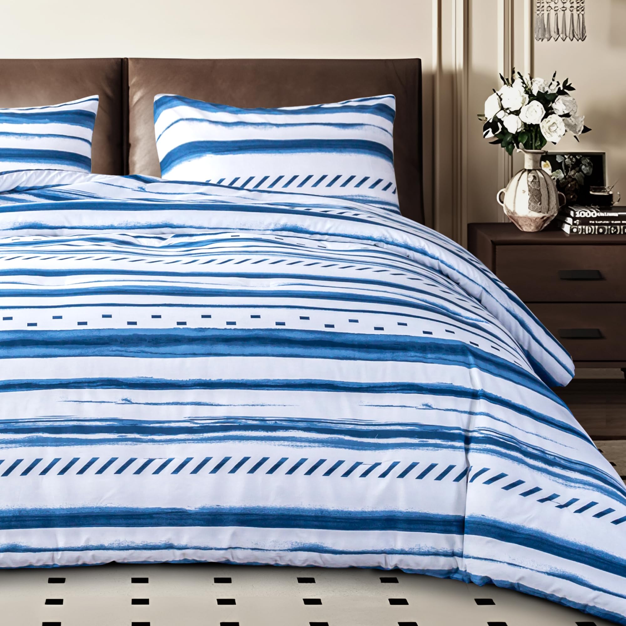 Amazon.com: Sophia & William White and Blue Striped Comforter Set for ...