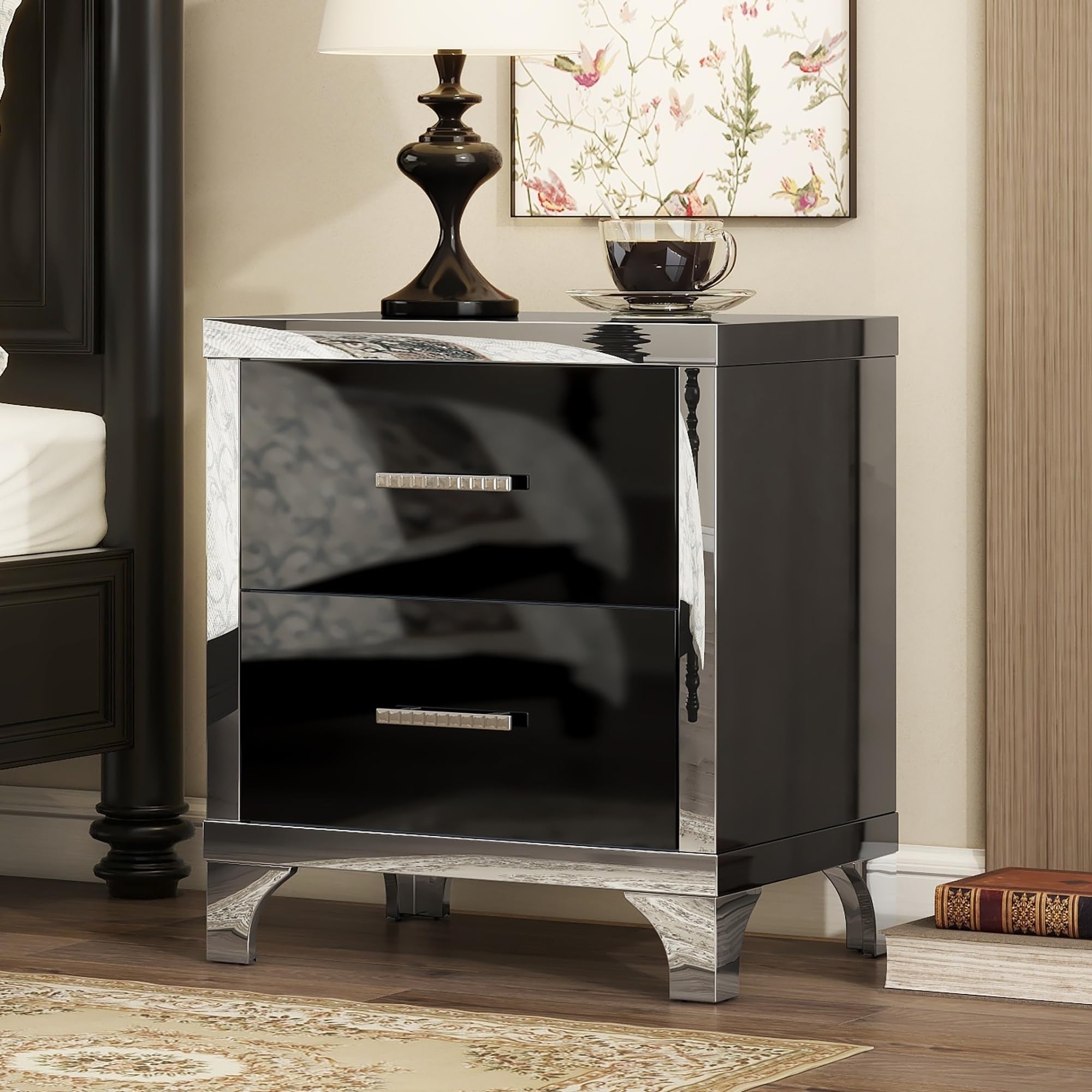 Amazon.com: Flieks Elegant High Gloss Nightstand with Metal Handle ...