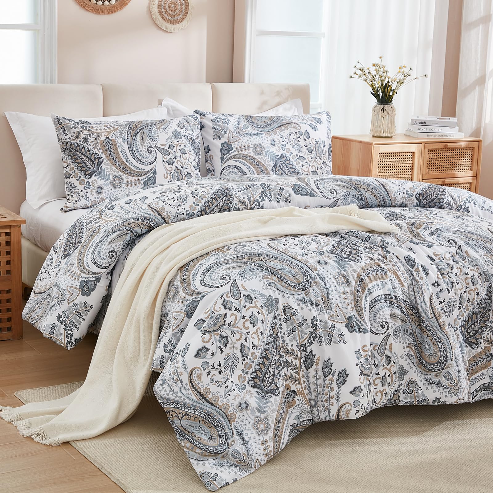 Amazon.com: Cozaline Grey Blue Paisley Comforter Set King Size 3 Pieces ...