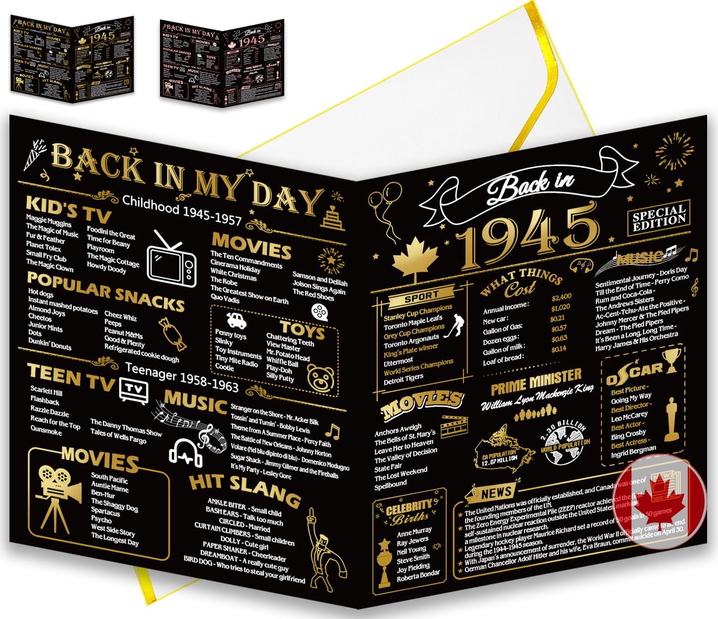 80th Birthday Card, Jumbo CANADA 25x20cm Back in 1945, Gilding Happy ...