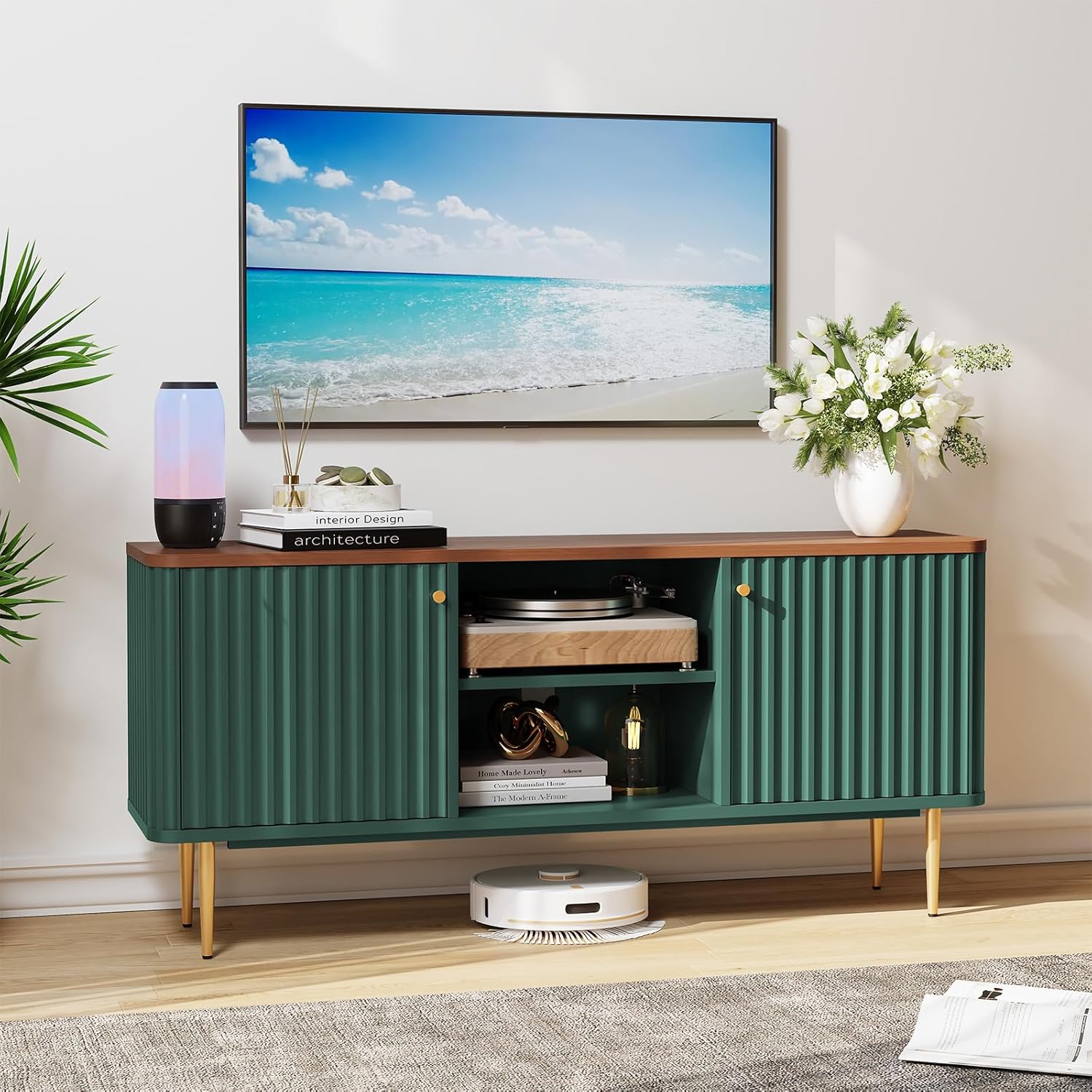 HOLTICO TV Stand Cabinet 55 Inch, Fluted Modern Wooden TV Console Unit ...