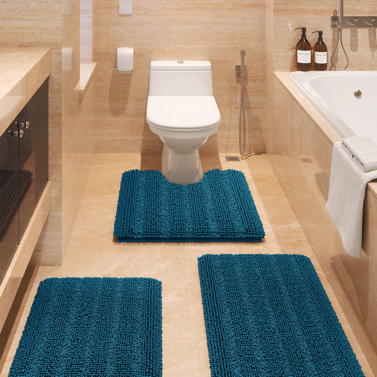 Amazon.com: ACCUMTEK Striped Teal Blue Bathroom Rug Set 3 Pieces Ultra ...