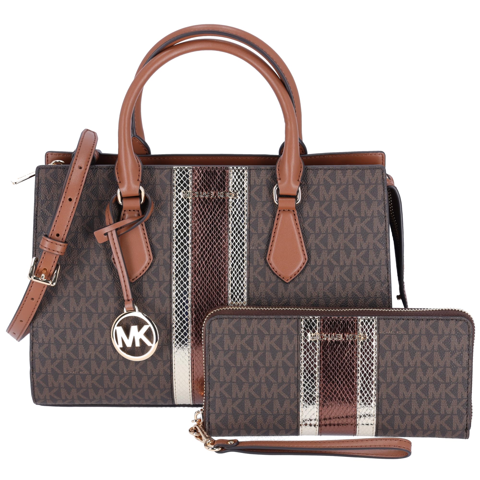Michael Kors Sheila Medium Signature MK Metallic Satchel Brown Gold ...