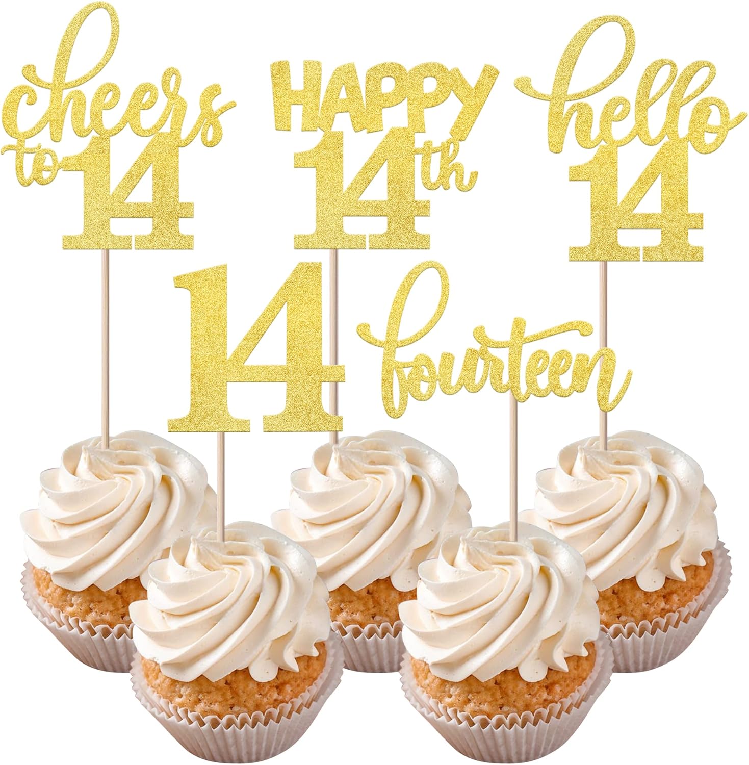 Amazon.com: Rsstarxi 30 Pack 14th Birthday Cupcake Toppers Gold Glitter ...
