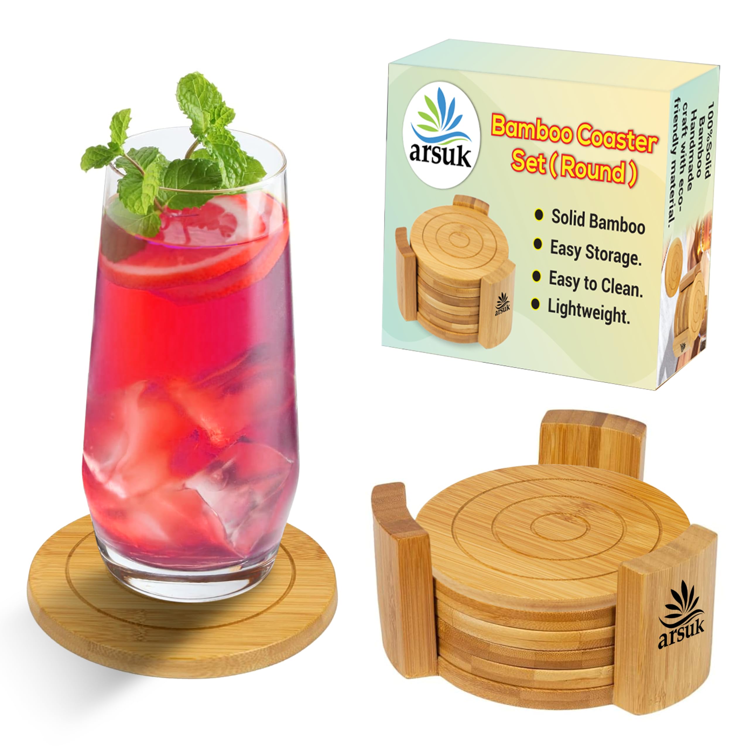 ARSUK Coasters Set of 6 Bamboo Drink Coaster Set with Holder Heat ...