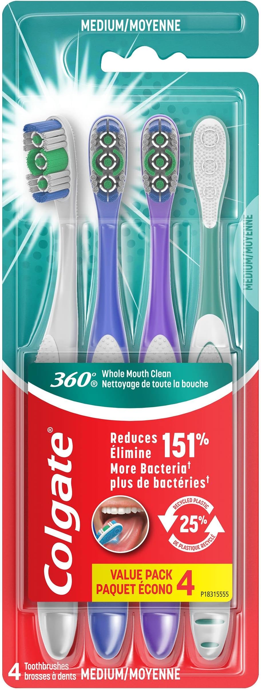 Amazon.com: Colgate 360 Adult Toothbrush, Medium (4 Count) : Health ...