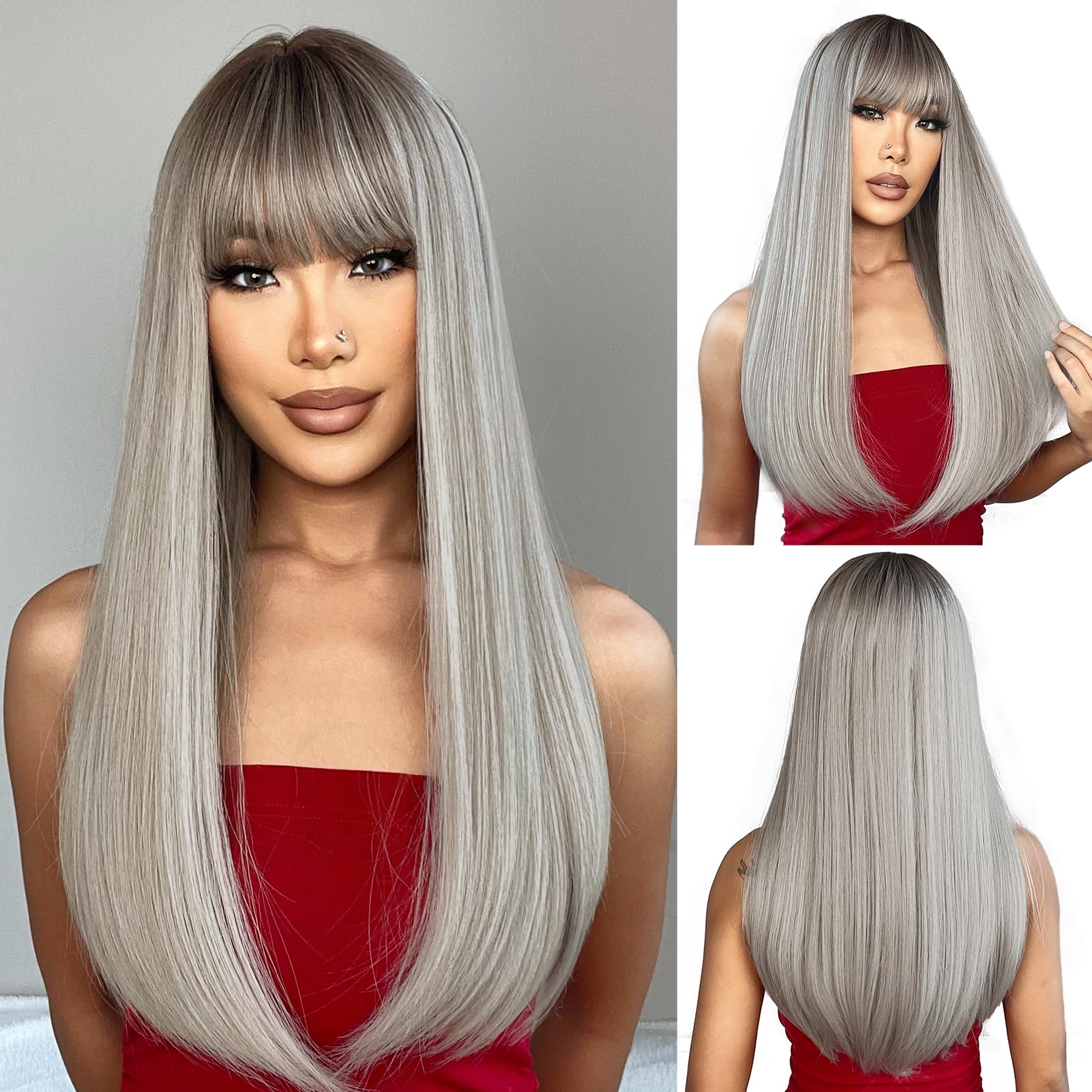 Amazon.com : ENTRANCED STYLES Ombre Gray Wig with Bangs Long Straight ...