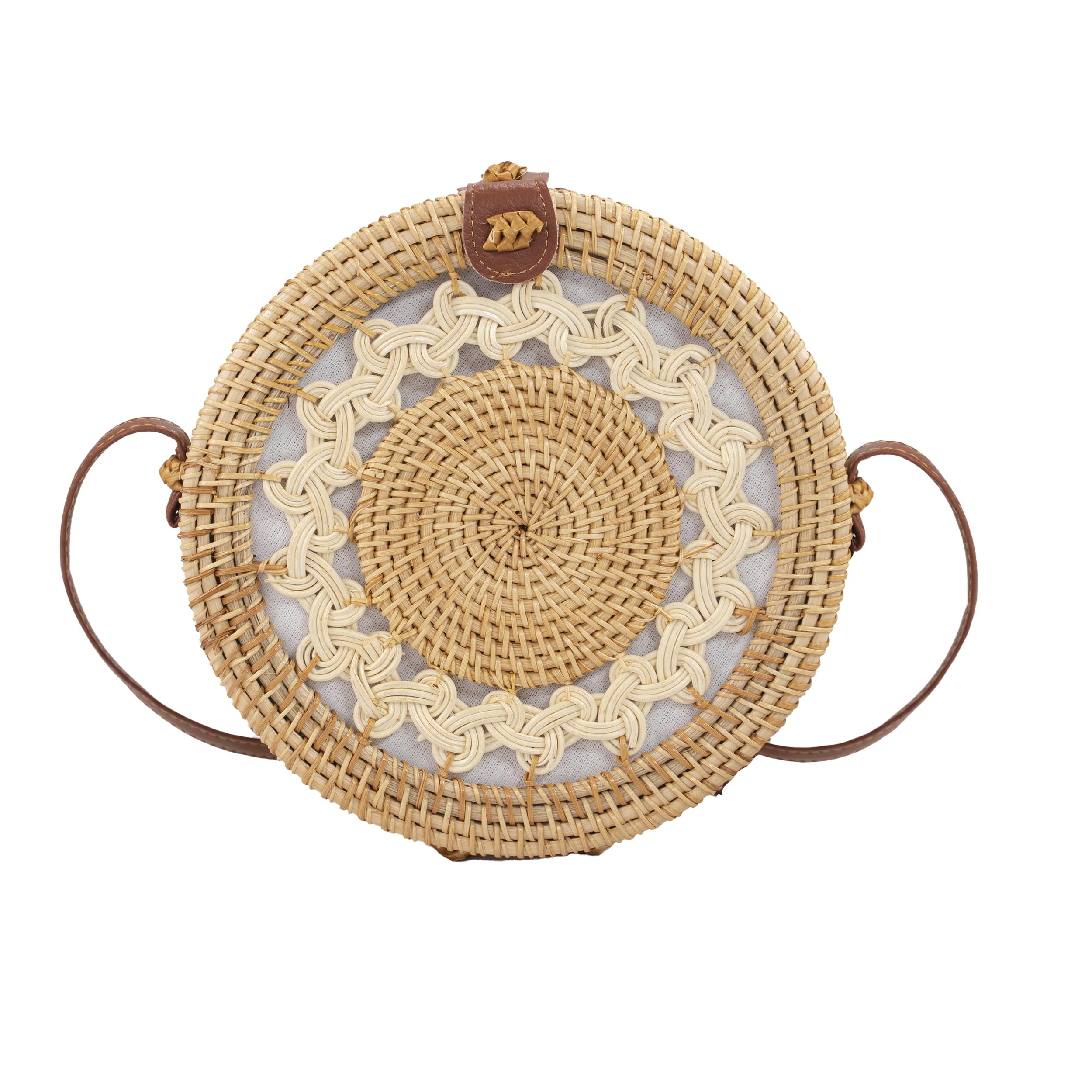 Round Rattan Bag Handwoven Beach Bohemian Shoulder Purse (Natural ...